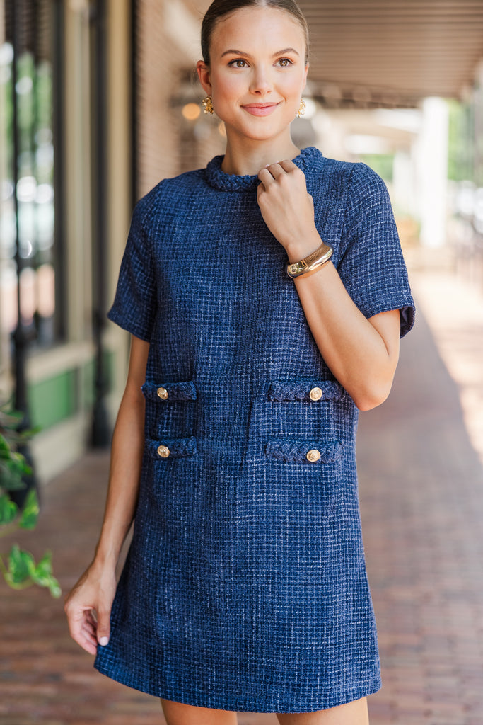 Ask You Out Navy Blue Tweed Shift Dress – Shop the Mint