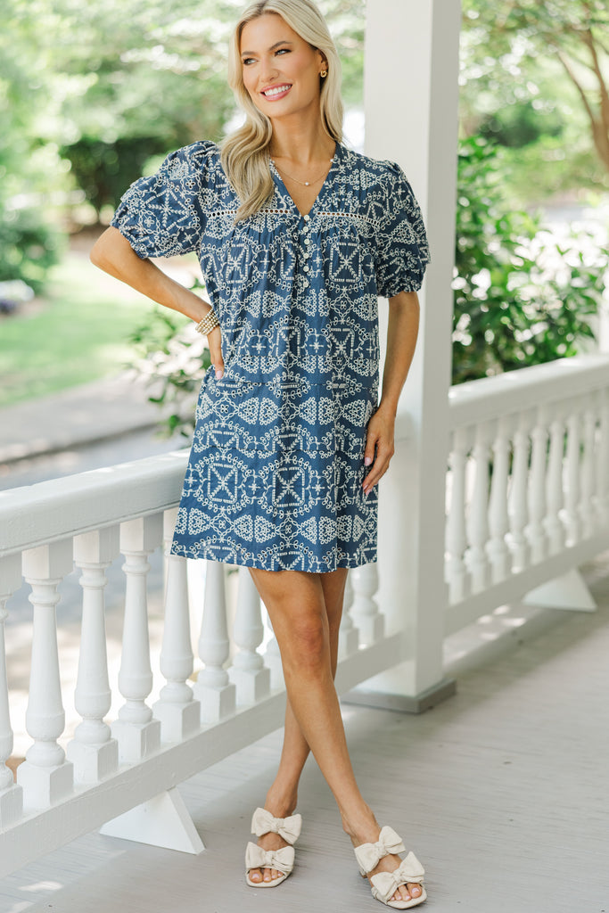 Designed For Joy Navy Eyelet Pleated Dress – Shop the Mint