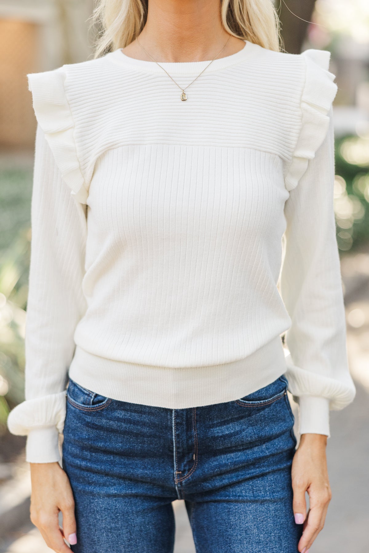 Reach Out Cream White Ruffled Sweater - Feminine Women's Sweaters ...
