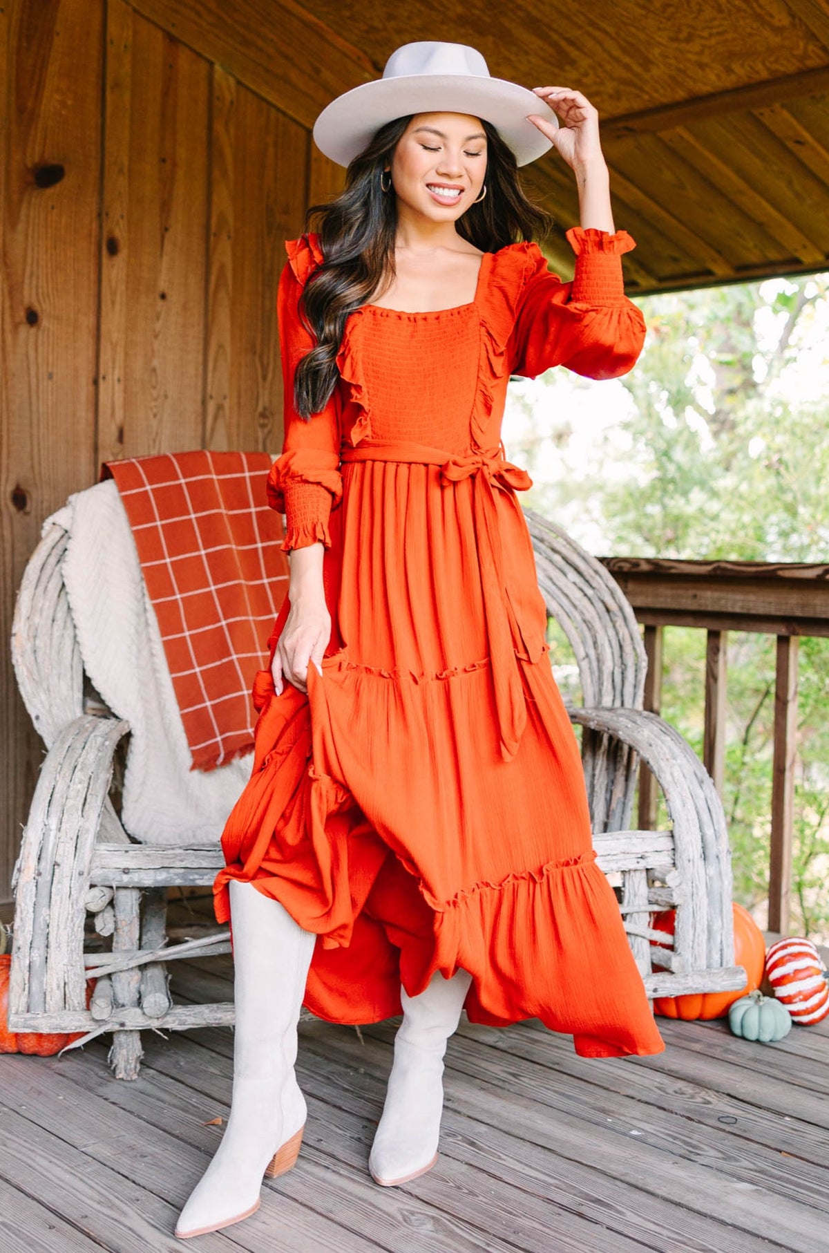 Chic Rust Orange Ruffled Midi Dress - Fall Dresses – Shop the Mint