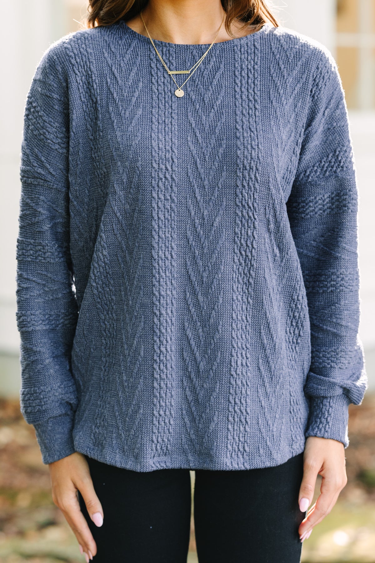 The Slouchy Denim Blue Cable Knit Top – Shop the Mint
