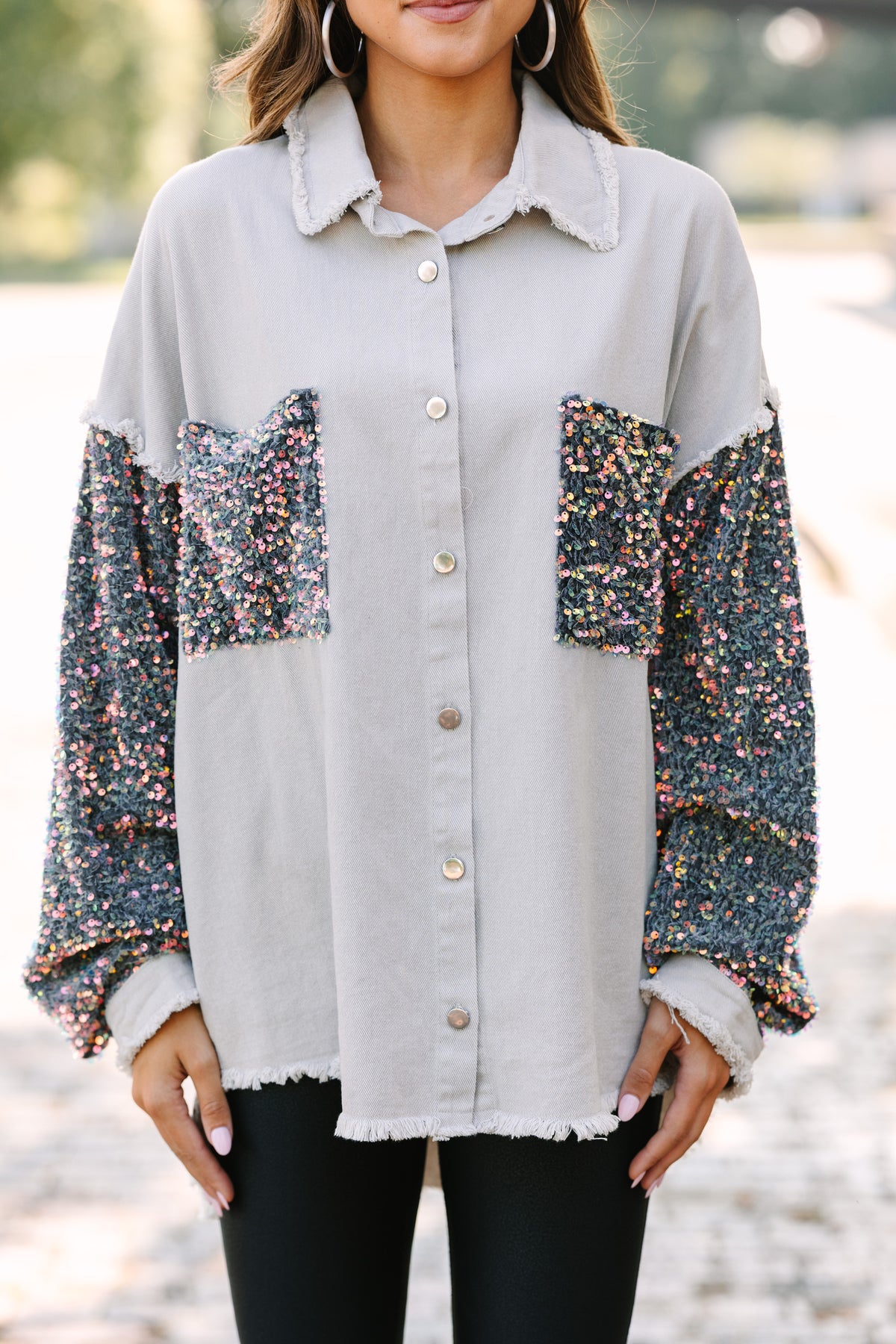 Let's Go Light Gray Sequin Sleeve Shacket – Shop the Mint