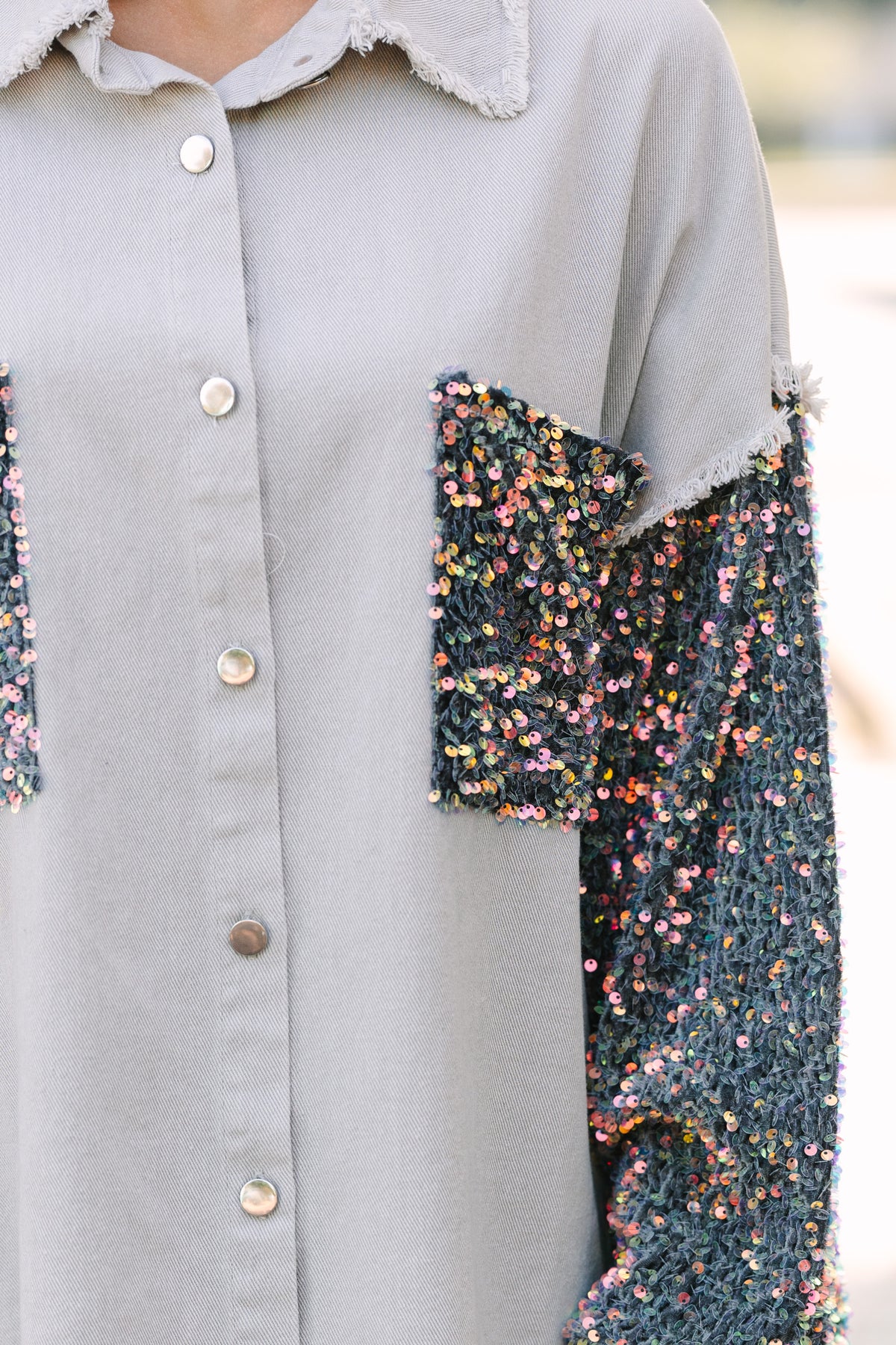 Let's Go Light Gray Sequin Sleeve Shacket – Shop the Mint