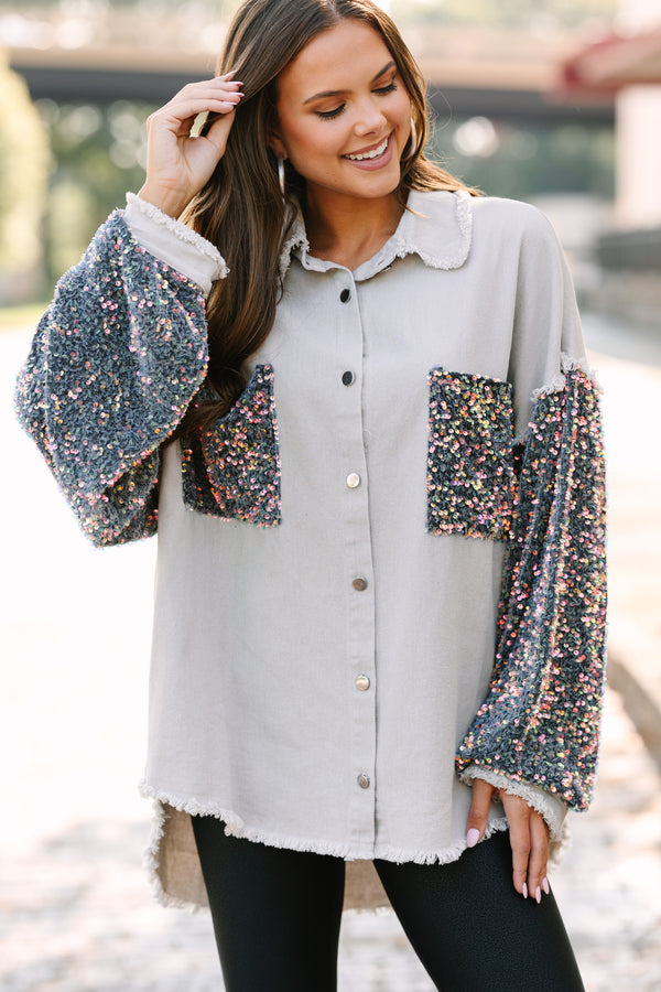 Let's Go Light Gray Sequin Sleeve Shacket – Shop the Mint
