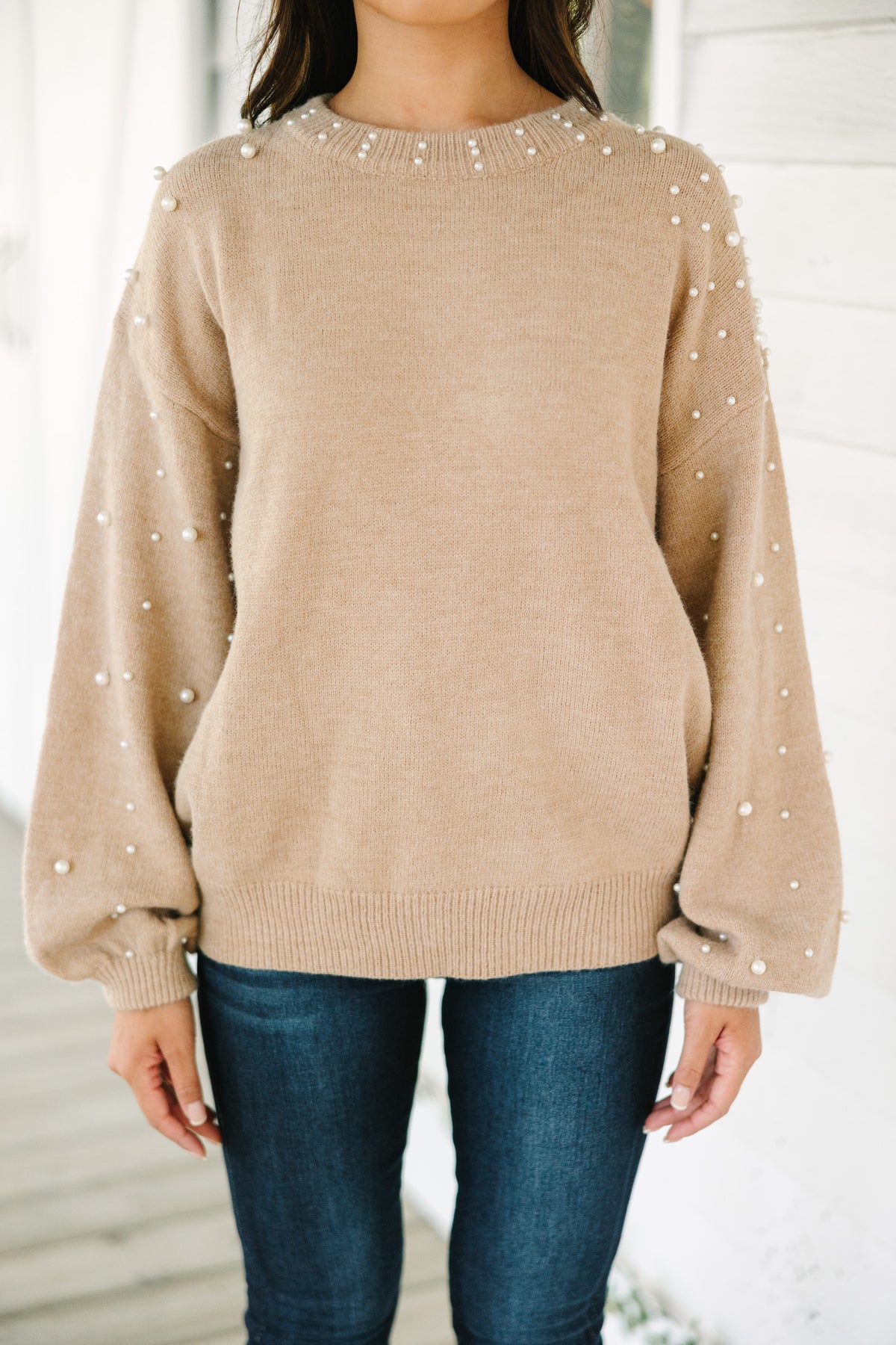 Can't Help But Love Latte Brown Pearl Studded Sweater – Shop the Mint