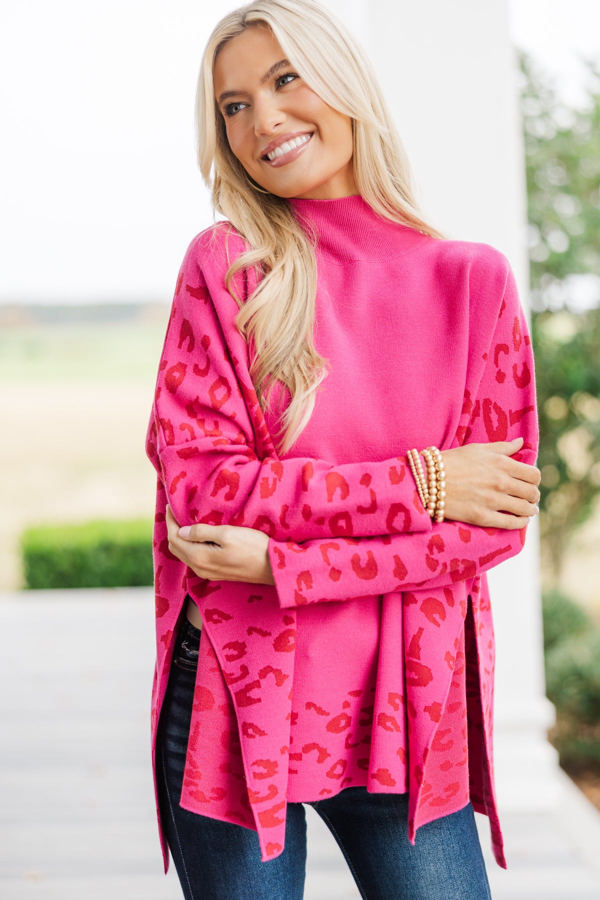 All In Theory Fuchsia Pink Leopard Sweater Tunic – Shop the Mint