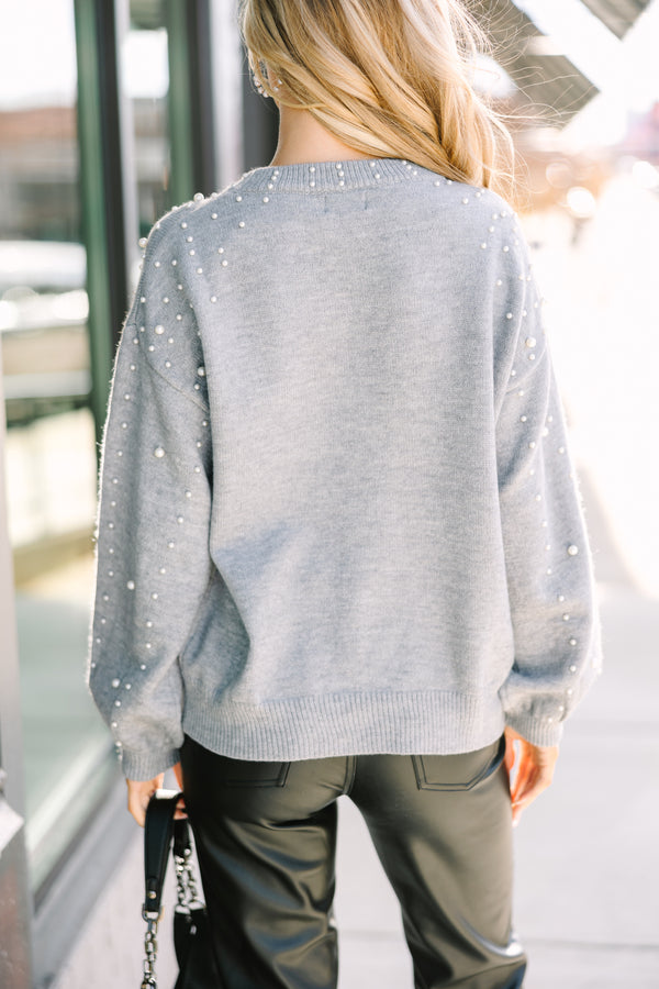 Can't Help But Love Dark Gray Pearl Studded Sweater – Shop the Mint