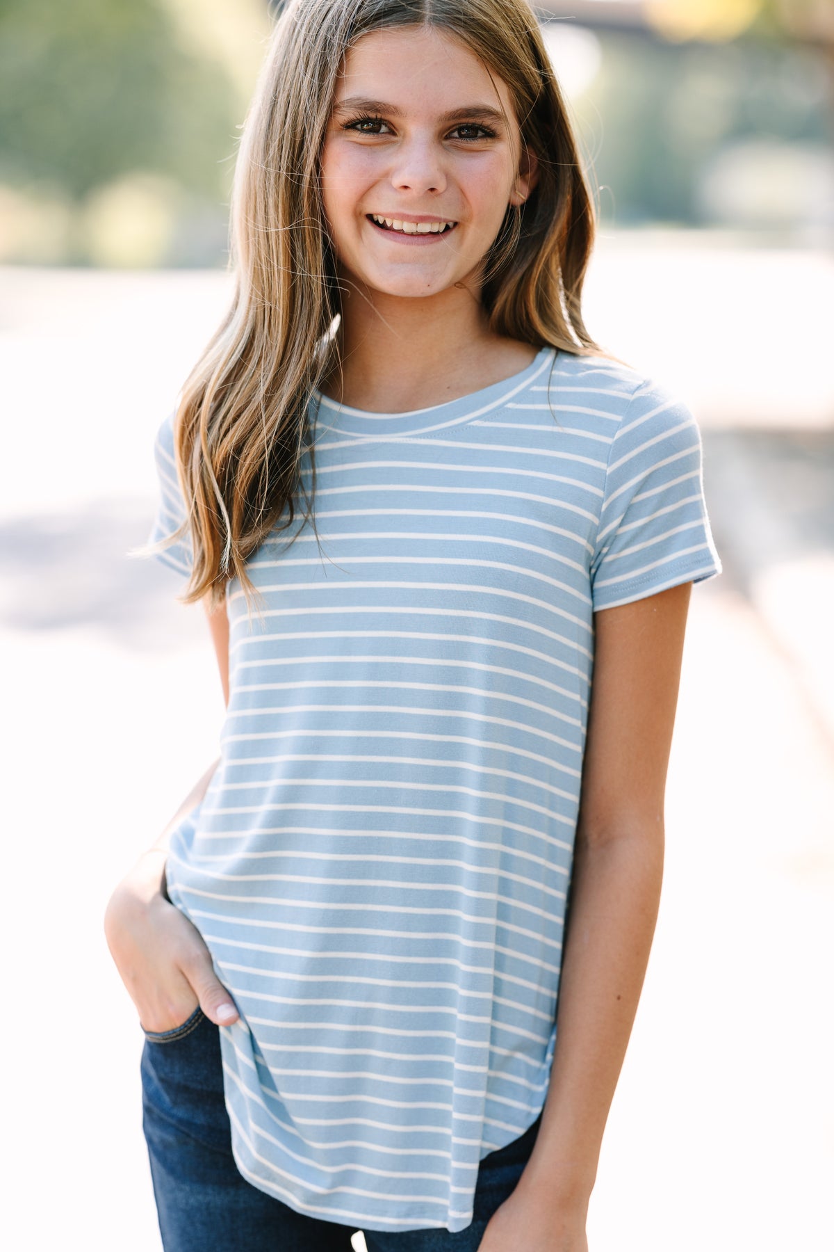 Girls: Let's Meet Later Light Blue and Ivory Striped Top – Shop the Mint