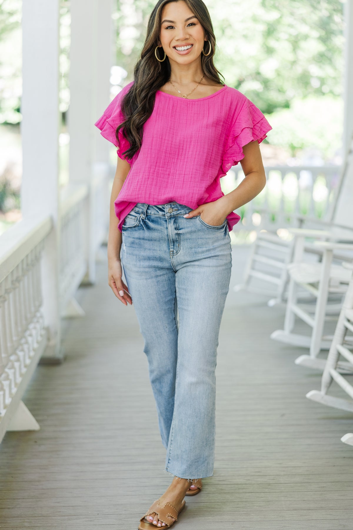 It's All True Fuchsia Pink Ruffled Gauze Top – Shop the Mint