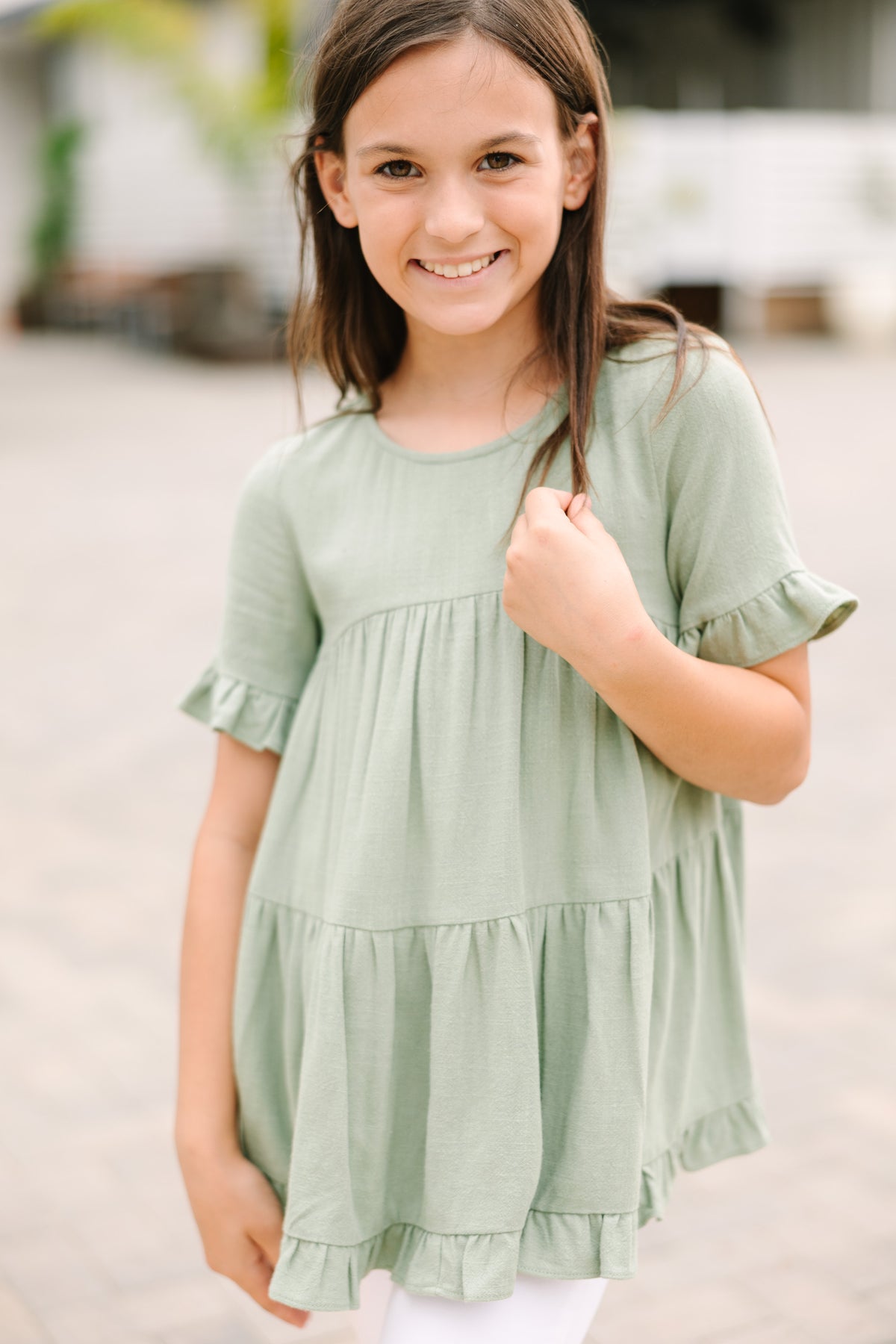 Girls: All Eyes On Me Sage Green Linen Babydoll Top – Shop the Mint