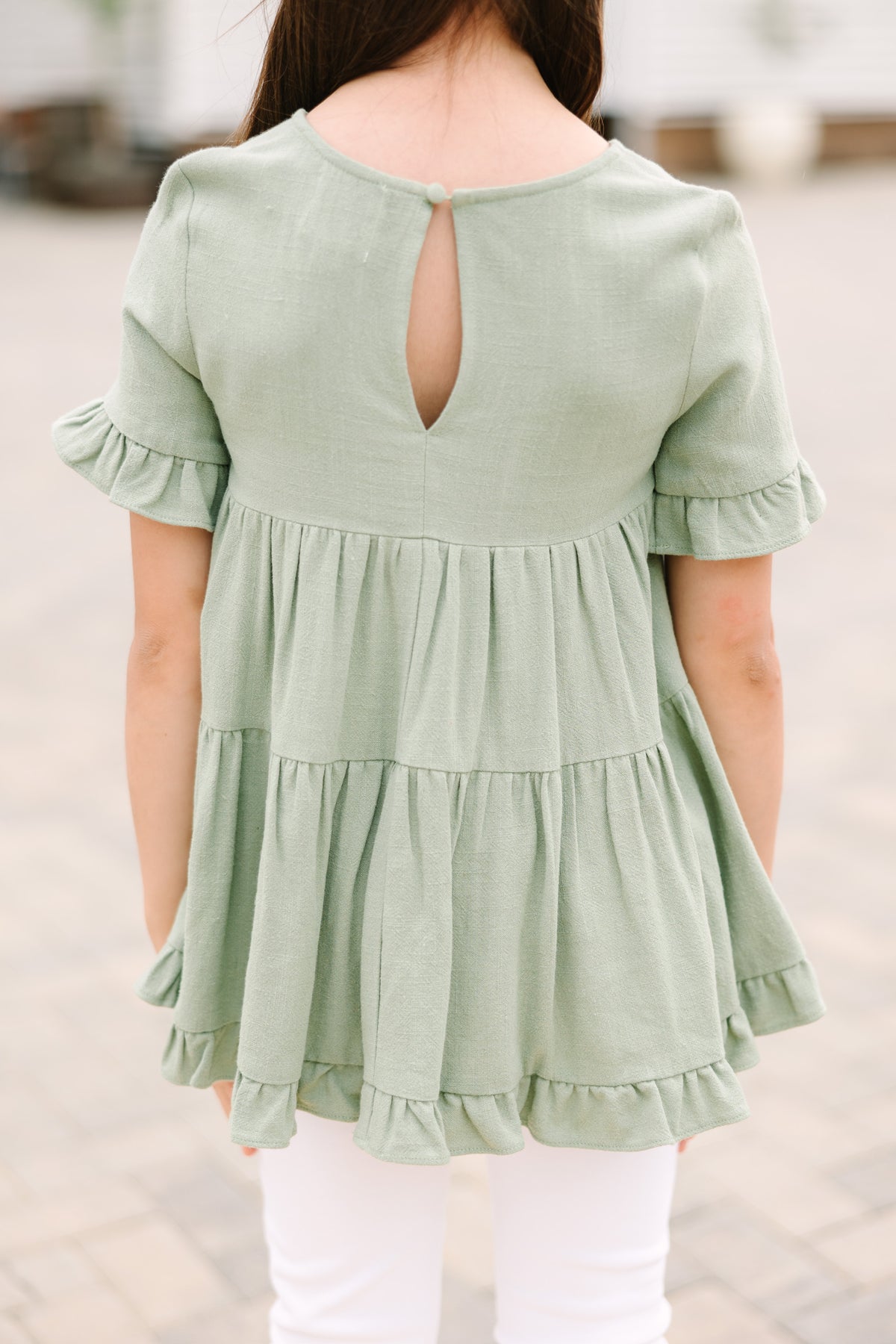 Girls: All Eyes On Me Sage Green Linen Babydoll Top – Shop the Mint