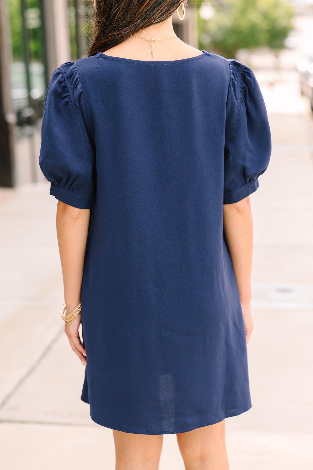 At First Sight Navy Blue Puff Sleeve Dress – Shop the Mint