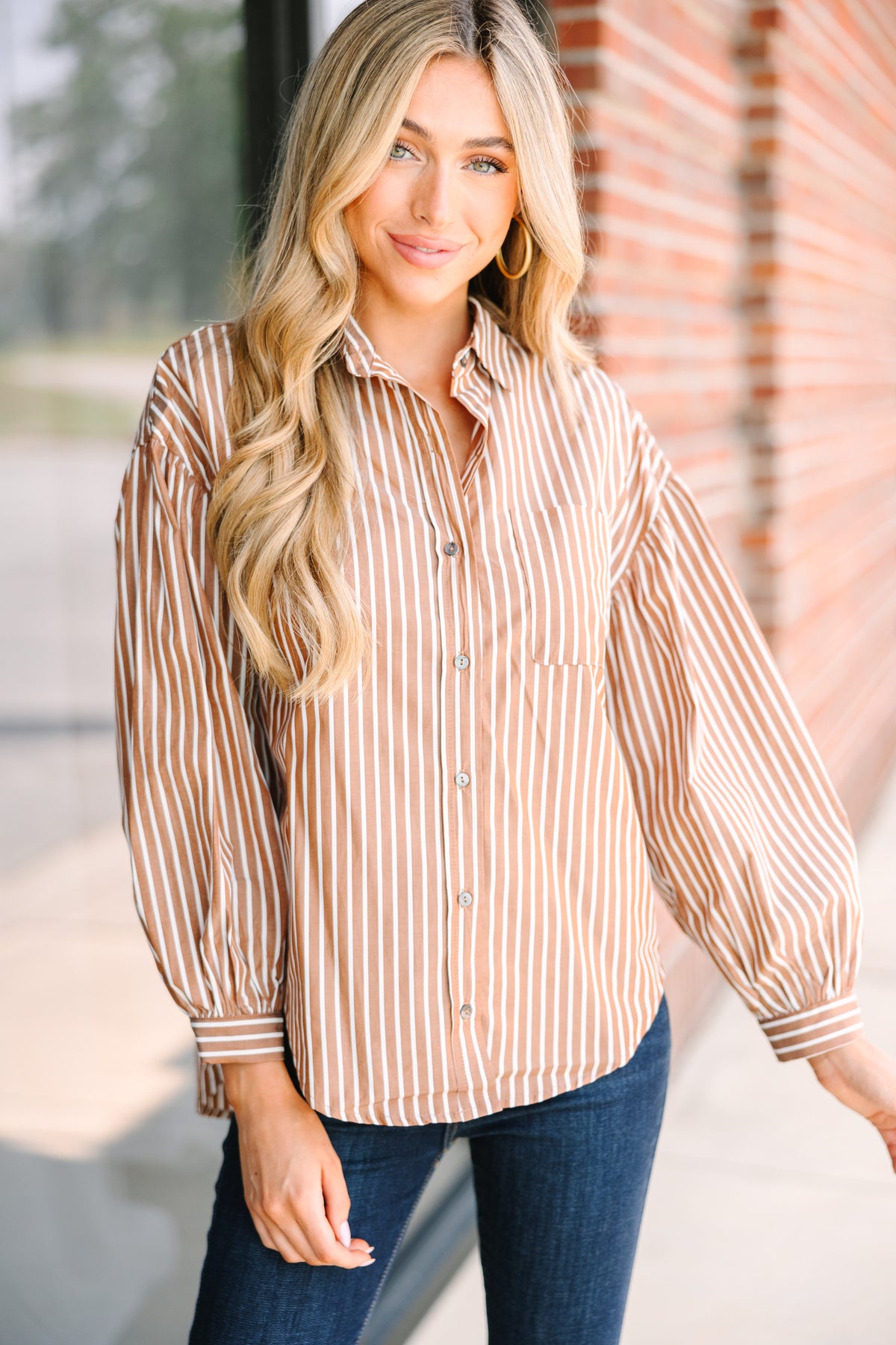 Olivaceous: Everything You Need Brown Striped Button Down Top – Shop ...