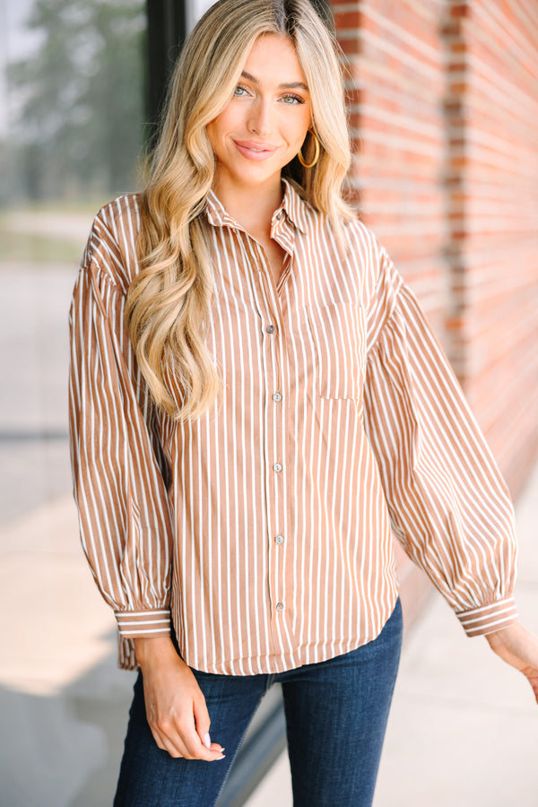 Olivaceous: Everything You Need Brown Striped Button Down Top – Shop the Mint