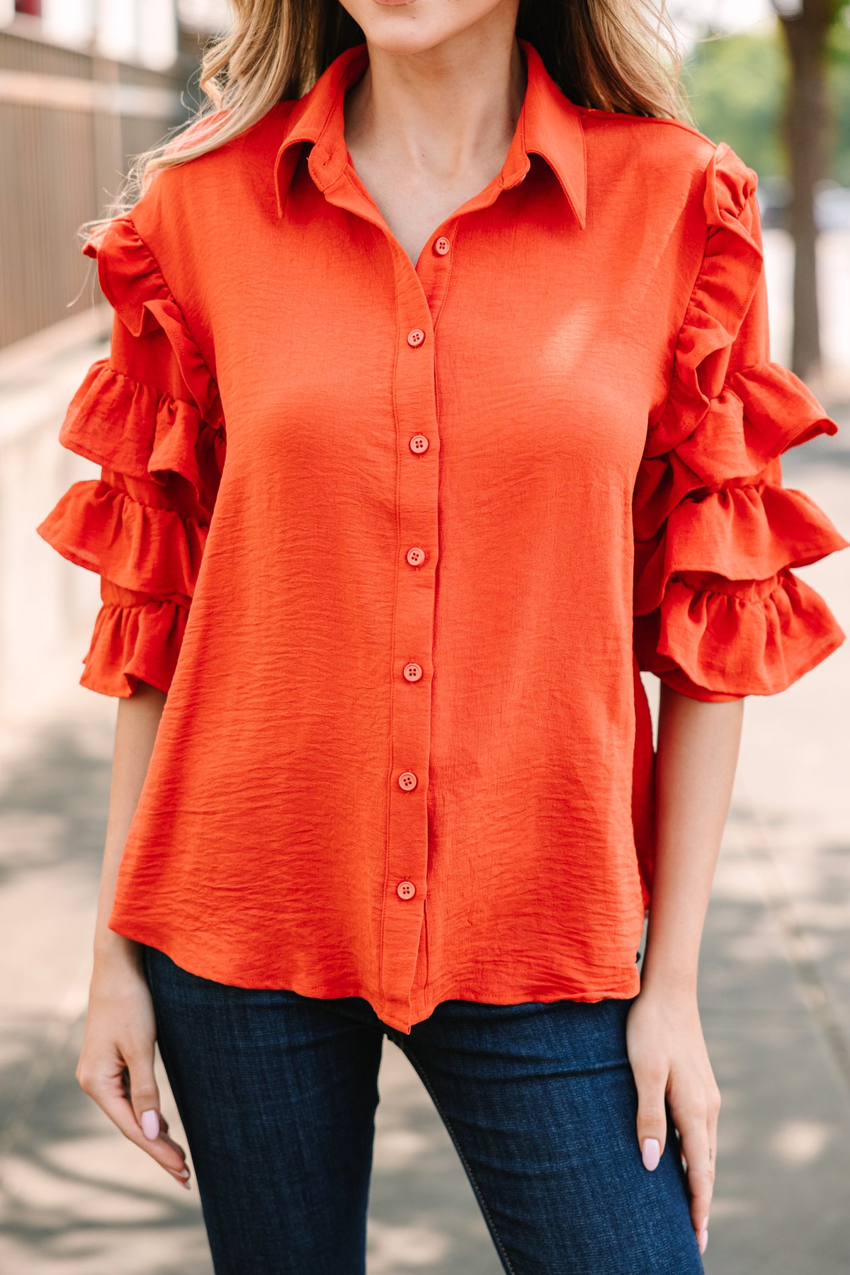 Make It Yours Rust Orange Ruffled Blouse – Shop the Mint