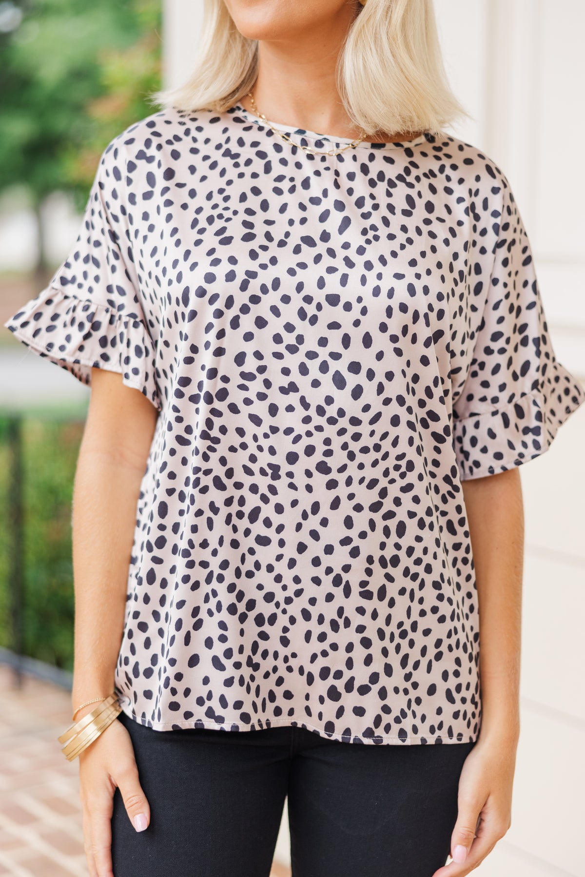 All I Ask Taupe Brown Spotted Leopard Ruffled Top – Shop the Mint