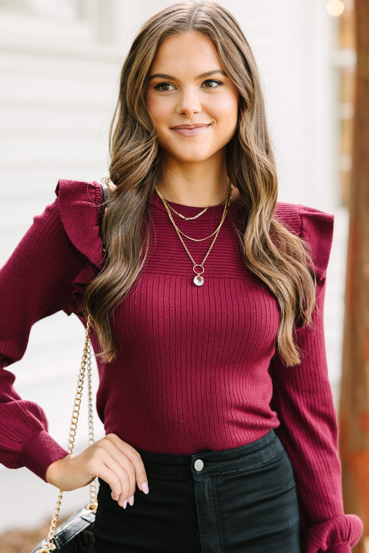 Reach Out Ruffled Wine Red Sweater – Shop the Mint