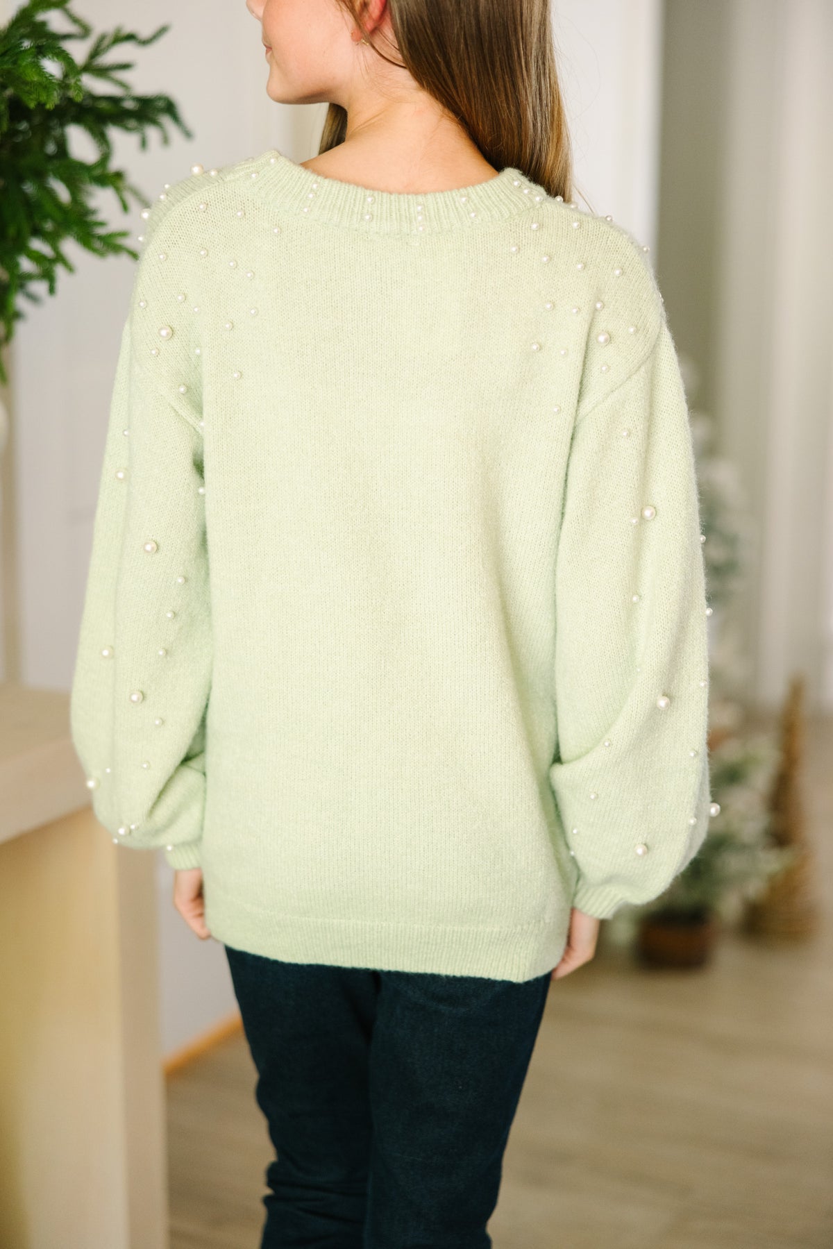 Girls: Can't Help But Love Sage Green Pearl Studded Sweater – Shop the Mint