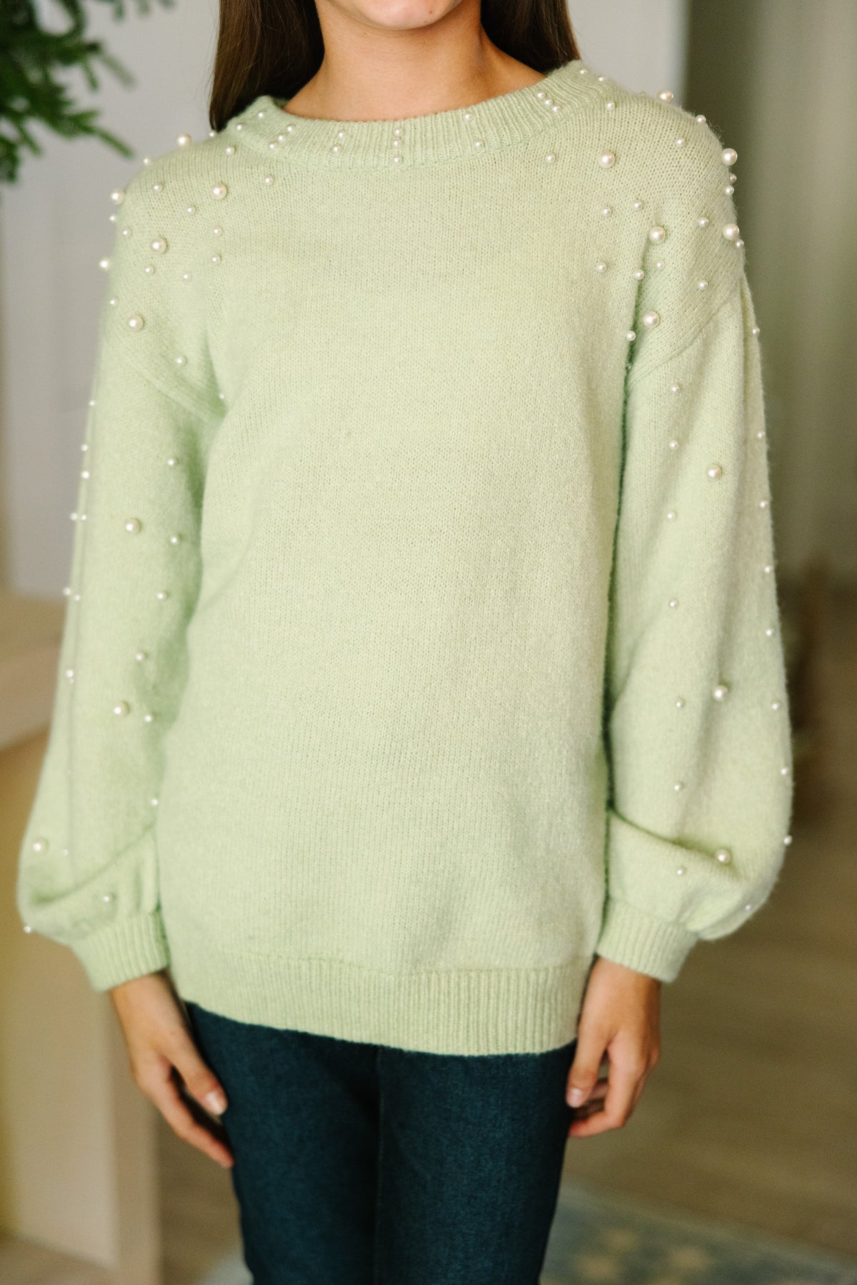 Girls: Can't Help But Love Sage Green Pearl Studded Sweater – Shop the Mint