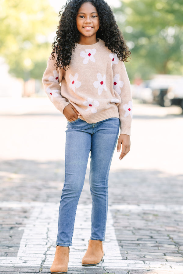 Girls: Feeling Fun Sand Brown Floral Sweater – Shop the Mint