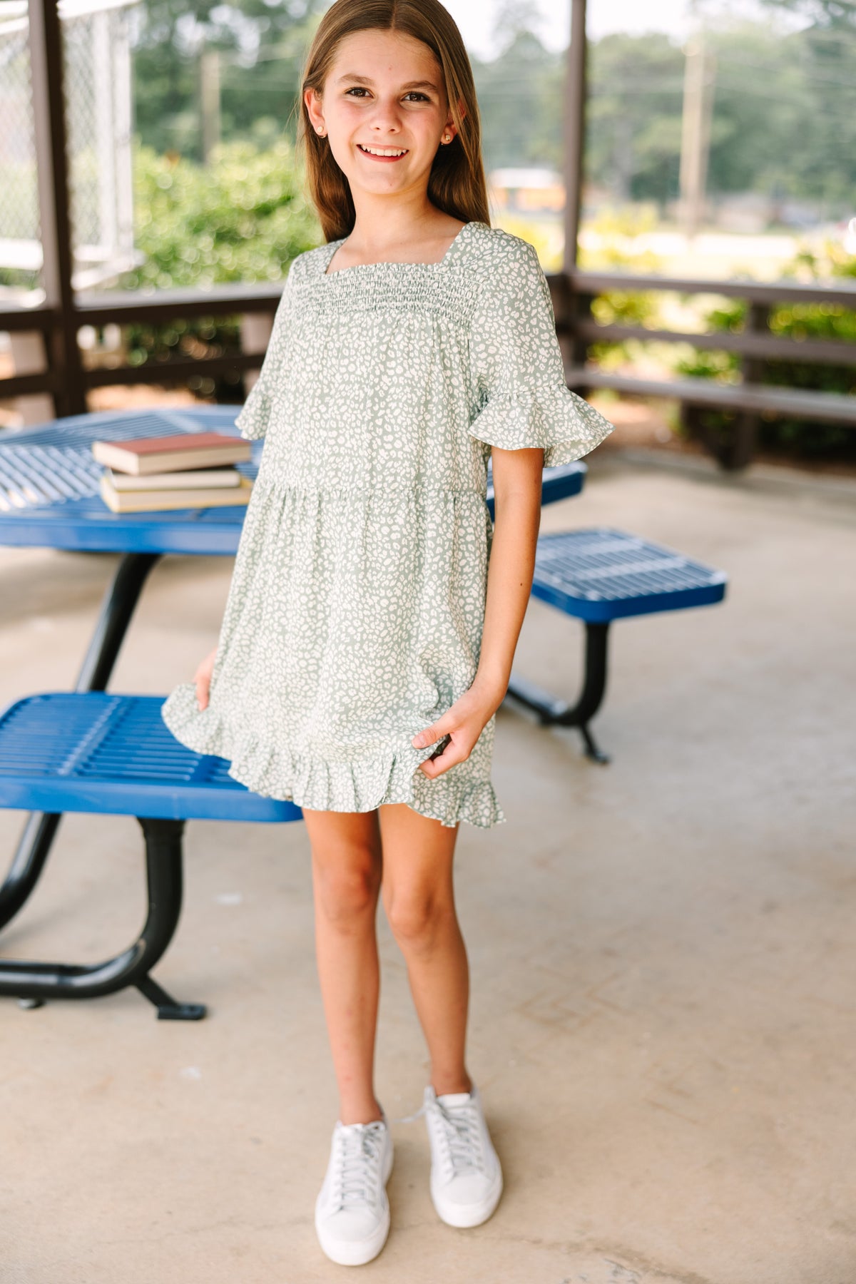 Girls: Dusk Till Dawn Spotted Dress - sage spotted – Shop the Mint
