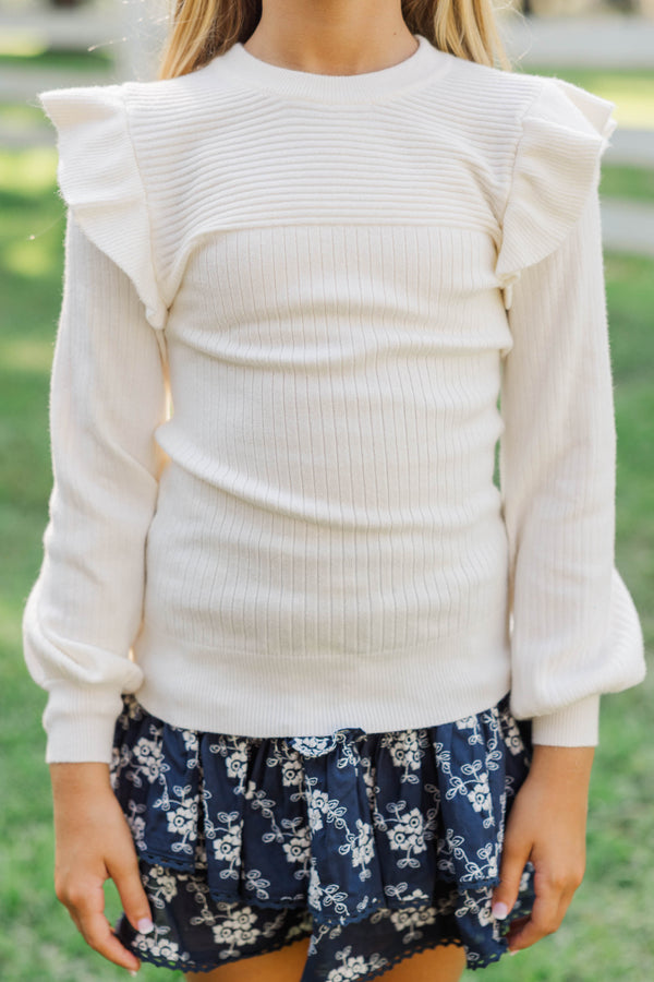 Girls: Reach Out Ivory White Ruffled Sweater – Shop the Mint