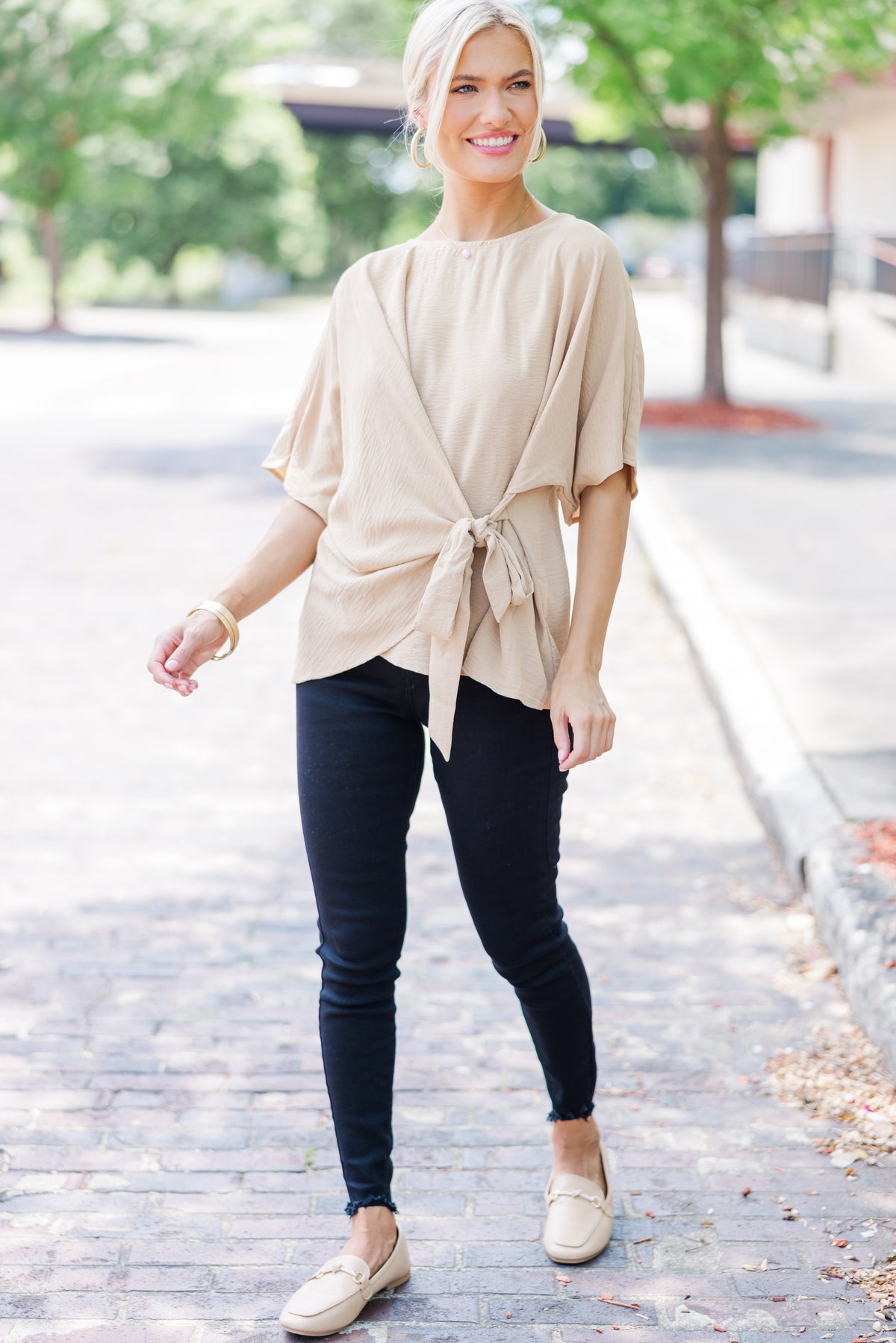 Happy Thoughts Taupe Brown Tied Blouse – Shop the Mint