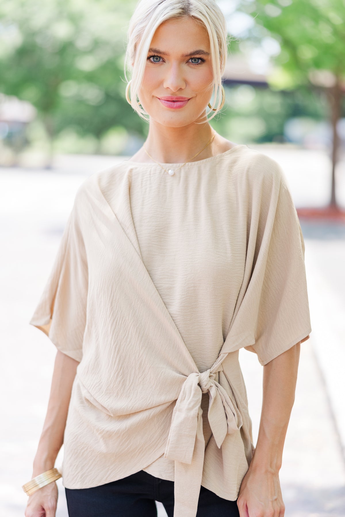 Happy Thoughts Taupe Brown Tied Blouse – Shop the Mint