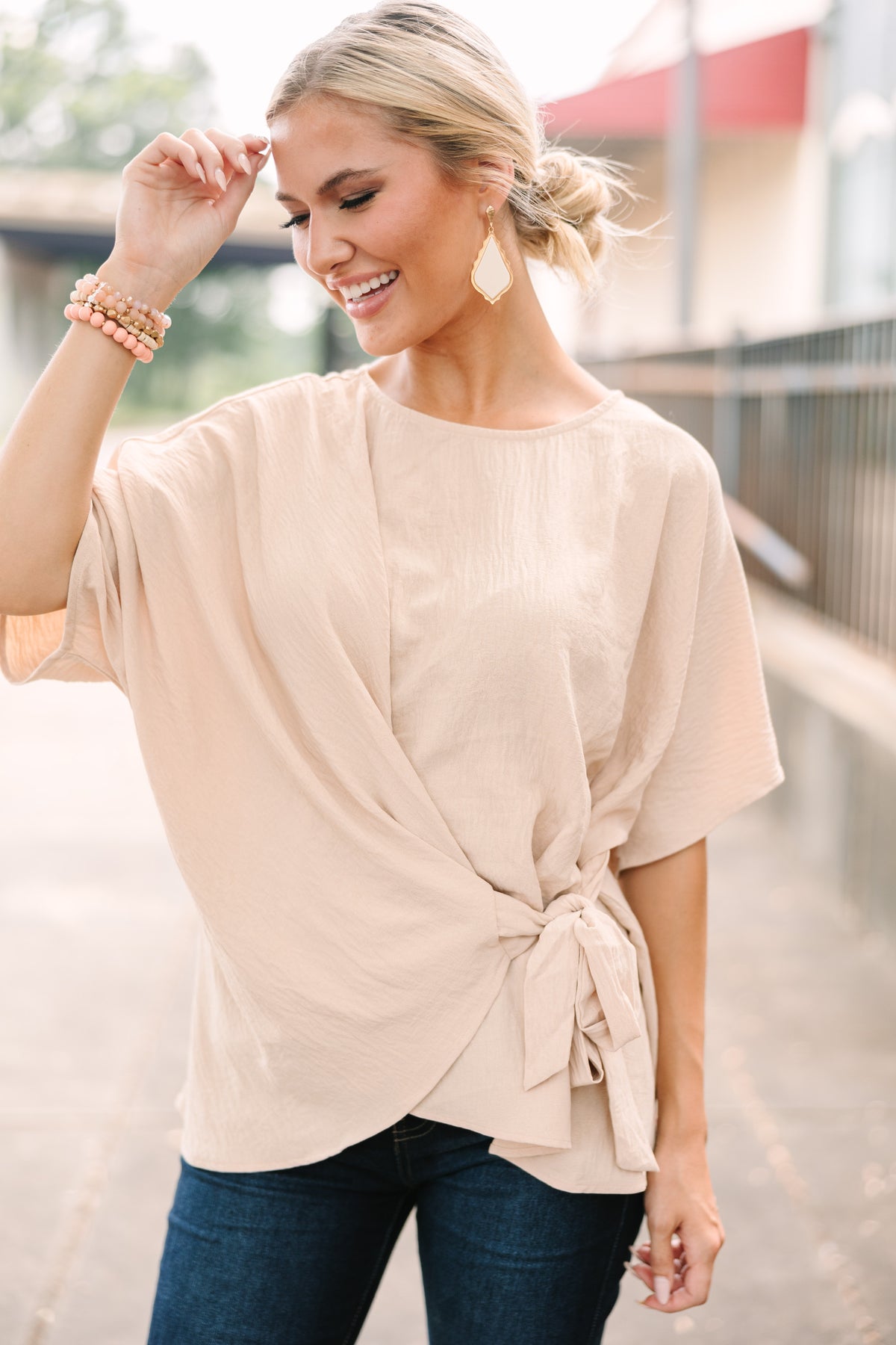 Happy Thoughts Taupe Brown Tied Blouse – Shop the Mint