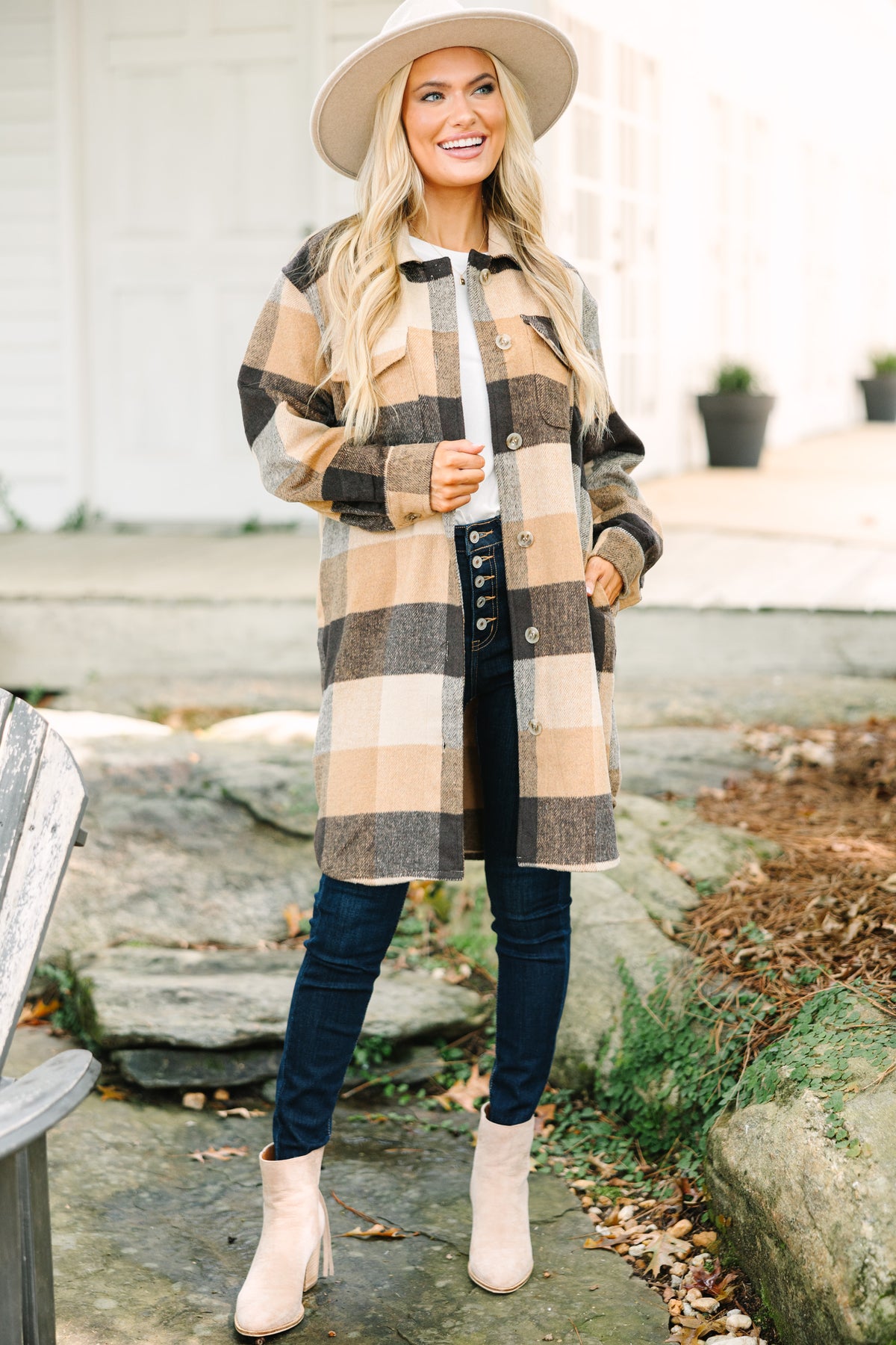 Good With It Camel Brown Plaid Shacket – Shop the Mint