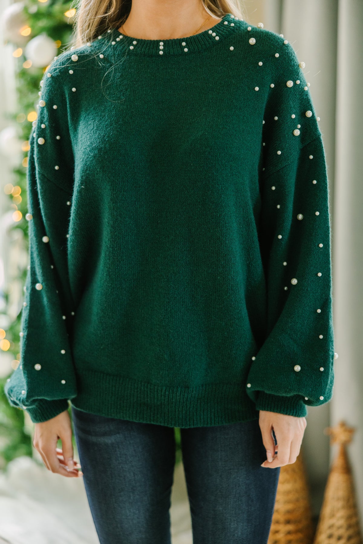 Can't Help But Love Emerald Green Pearl Studded Sweater – Shop the Mint