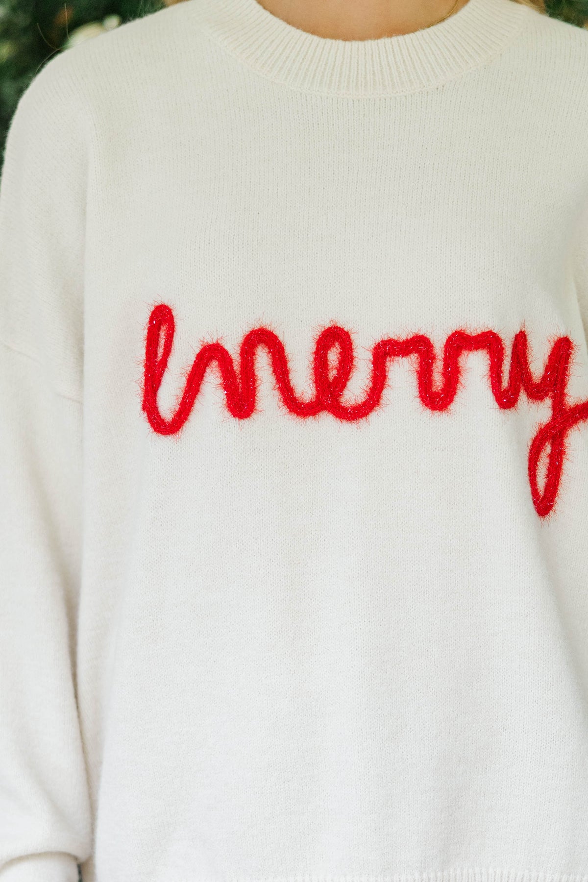 Be Merry Cream White Script Sweater – Shop the Mint