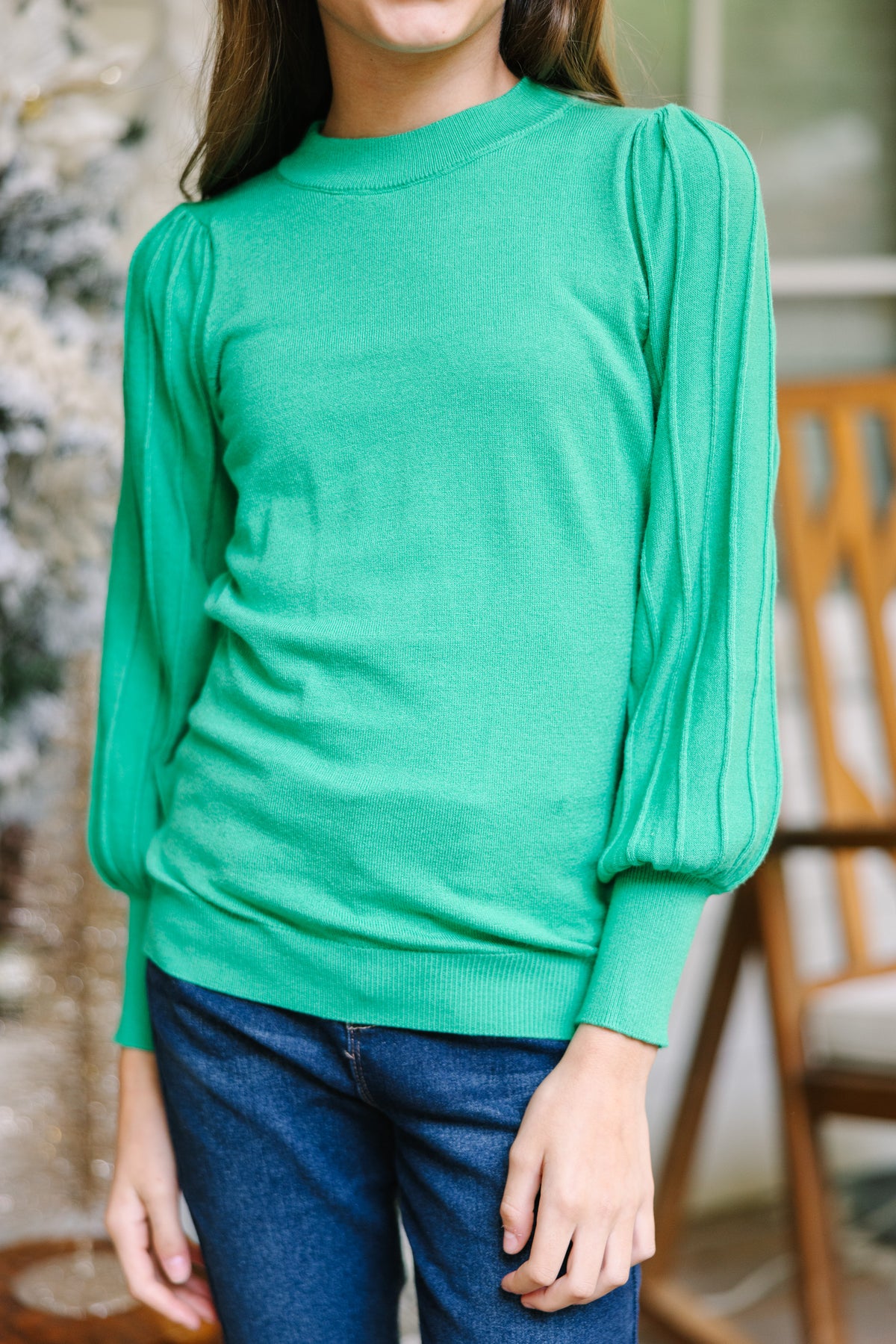 Girls: Earned Adoration Green Bubble Sleeve Sweater – Shop the Mint