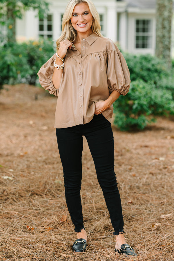 Back In Bold Camel Brown Faux Leather Blouse – Shop the Mint
