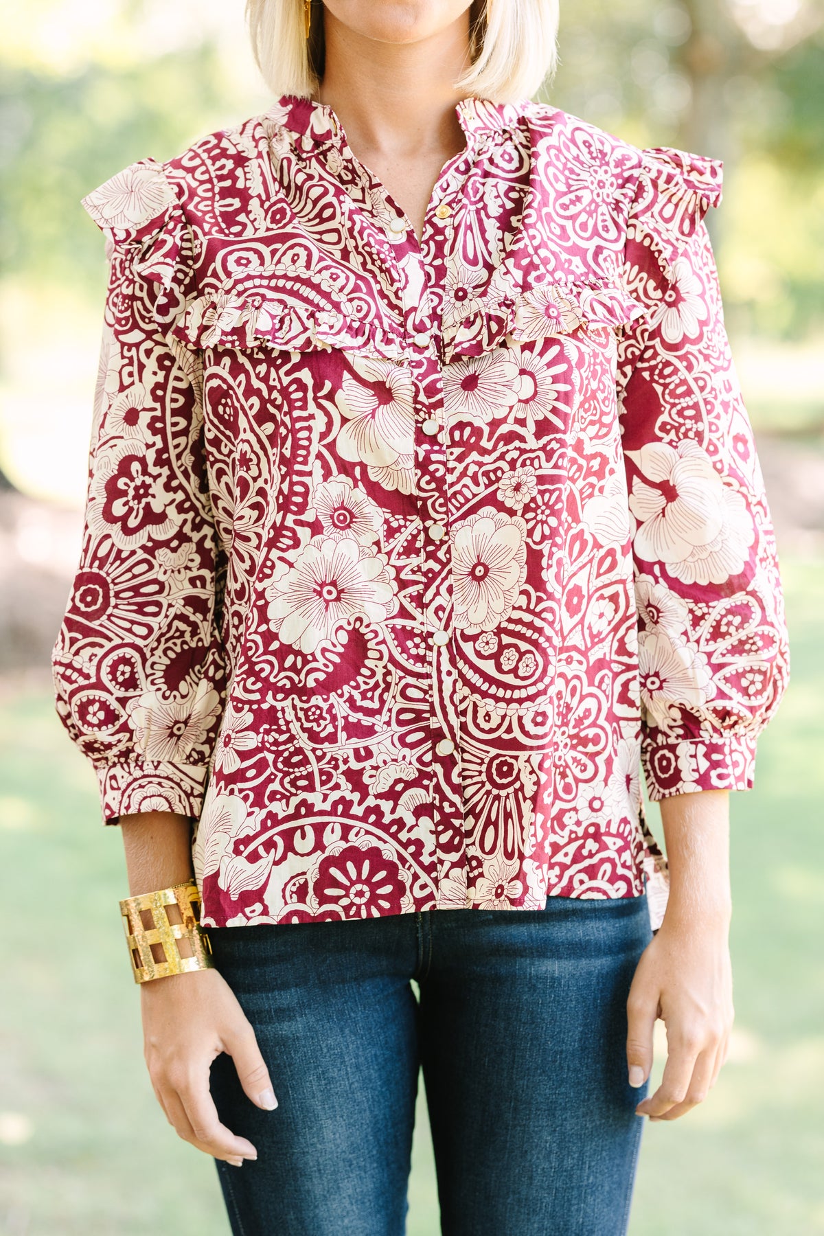 Keep It Up Sangria Red Floral Ruffled L/S Blouse – Shop the Mint