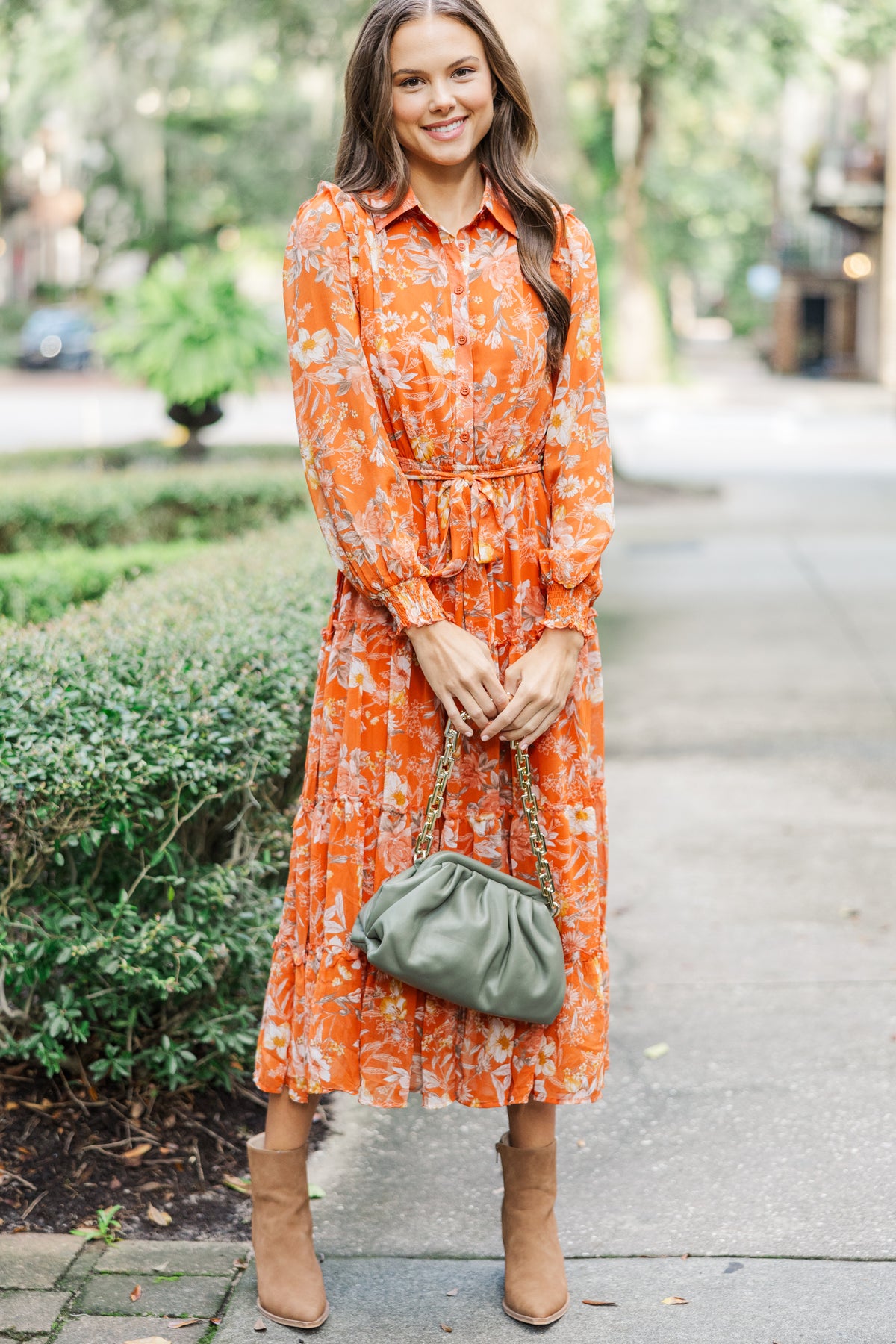 Found The One Rust Orange Floral Midi Dress – Shop the Mint