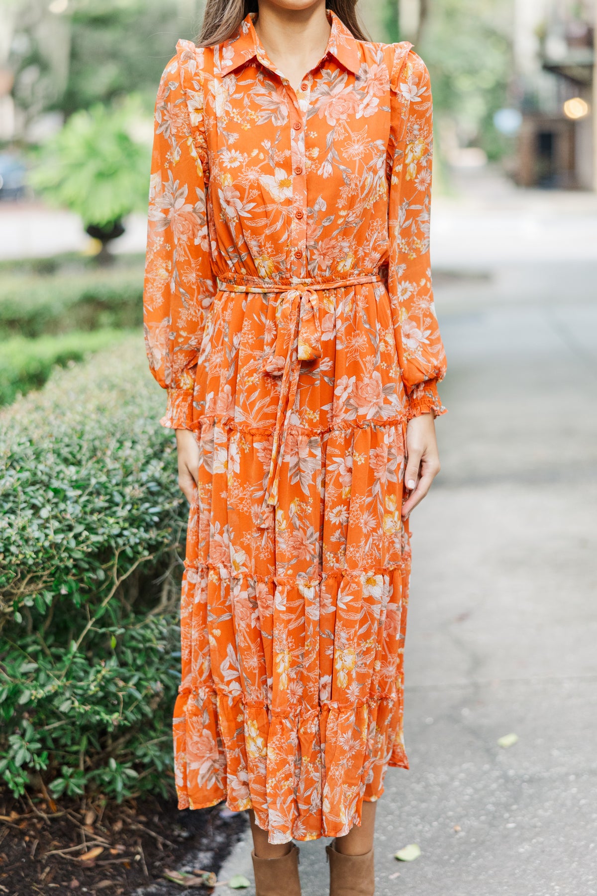 Found The One Rust Orange Floral Midi Dress – Shop the Mint