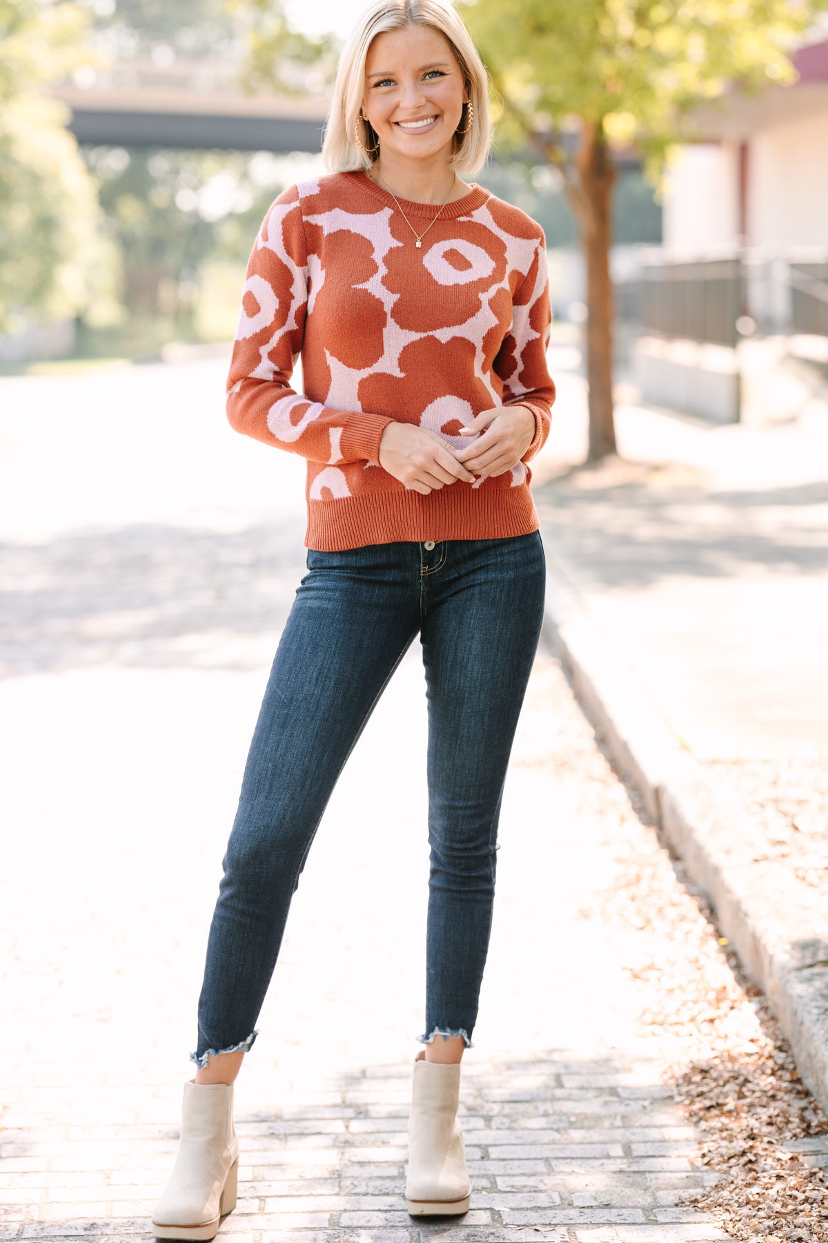 Stay Right There Brick Orange Floral Sweater – Shop the Mint