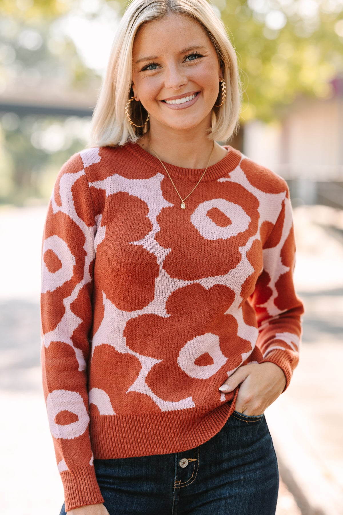 Stay Right There Brick Orange Floral Sweater – Shop the Mint