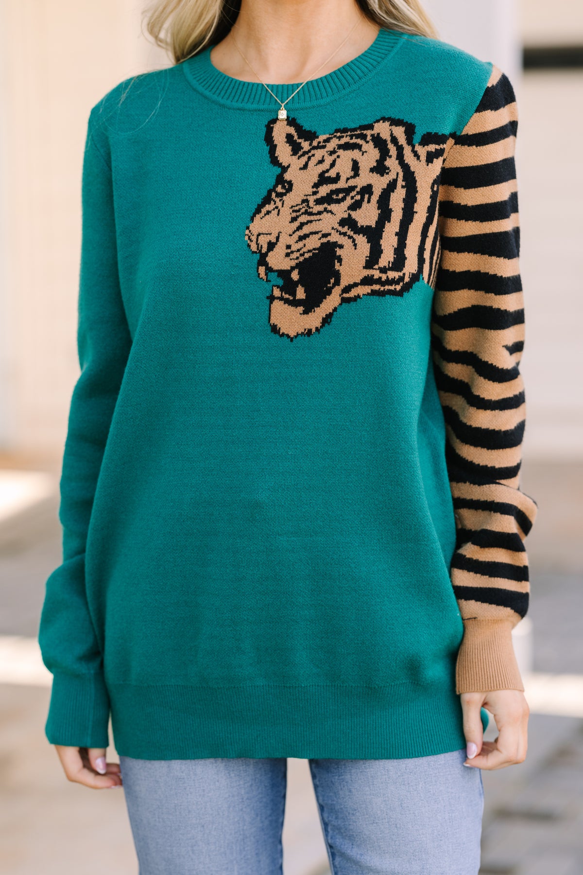 Over Your Shoulder Hunter Green Tiger Sweater – Shop the Mint