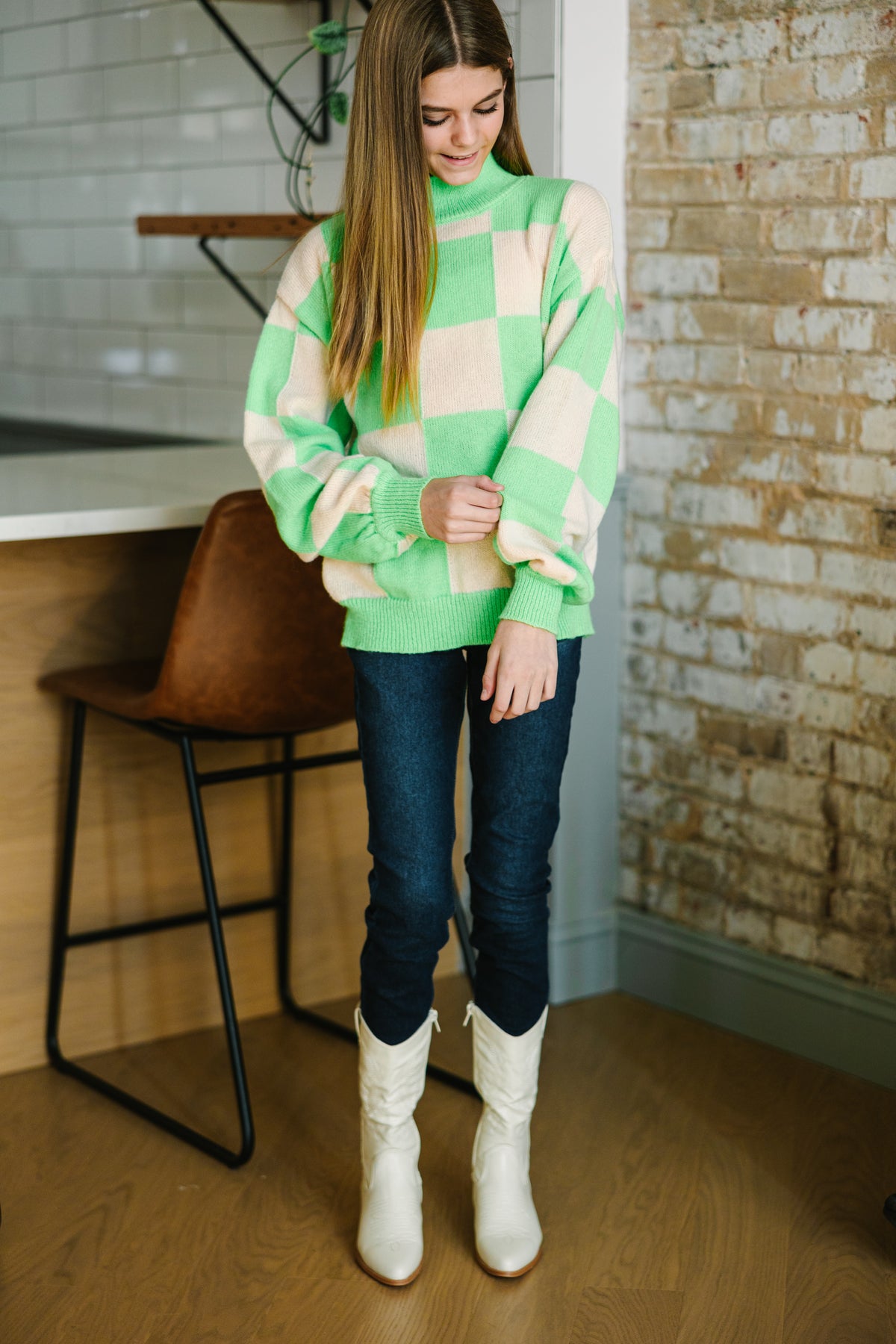 Girls: Better Together Lime Green Checkered Sweater – Shop the Mint