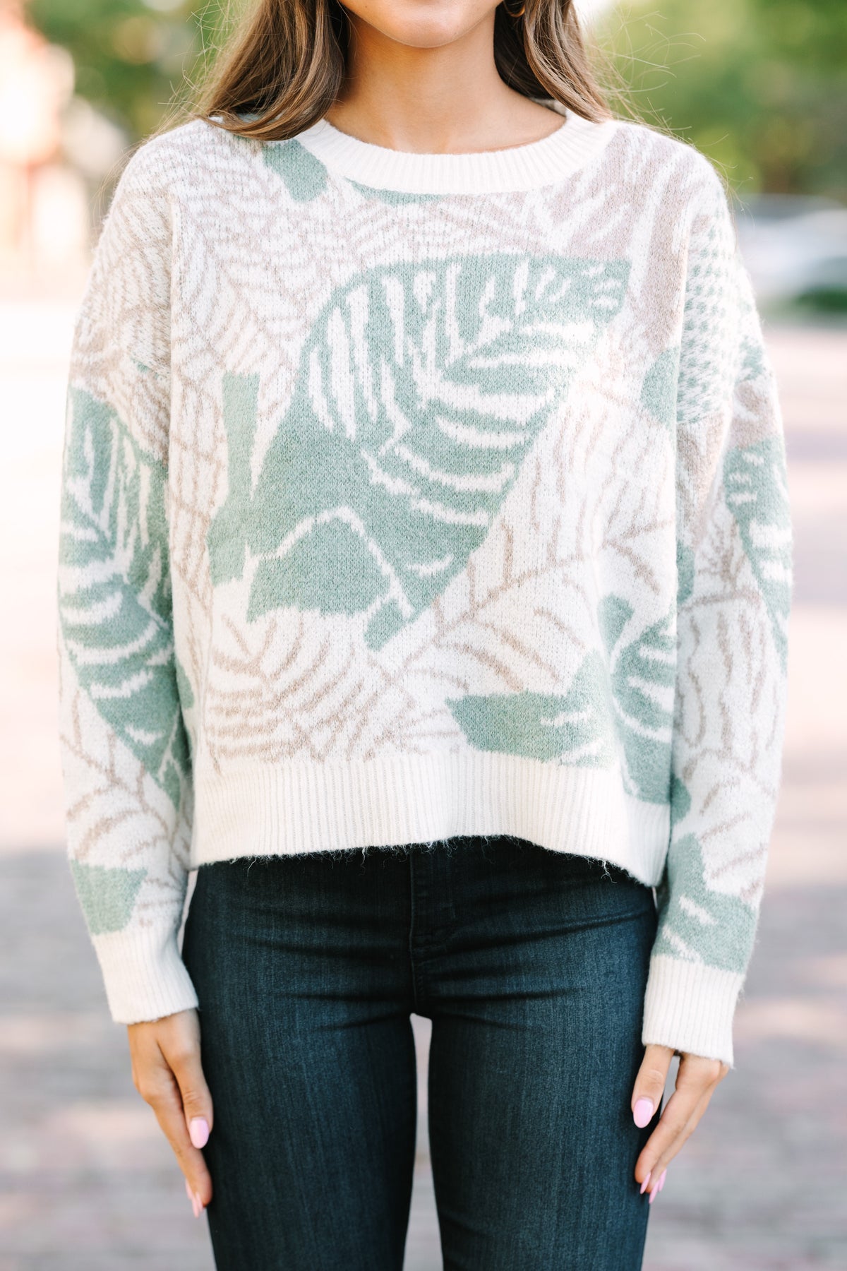 All In Love Sage Green Leaf Print Sweater – Shop the Mint
