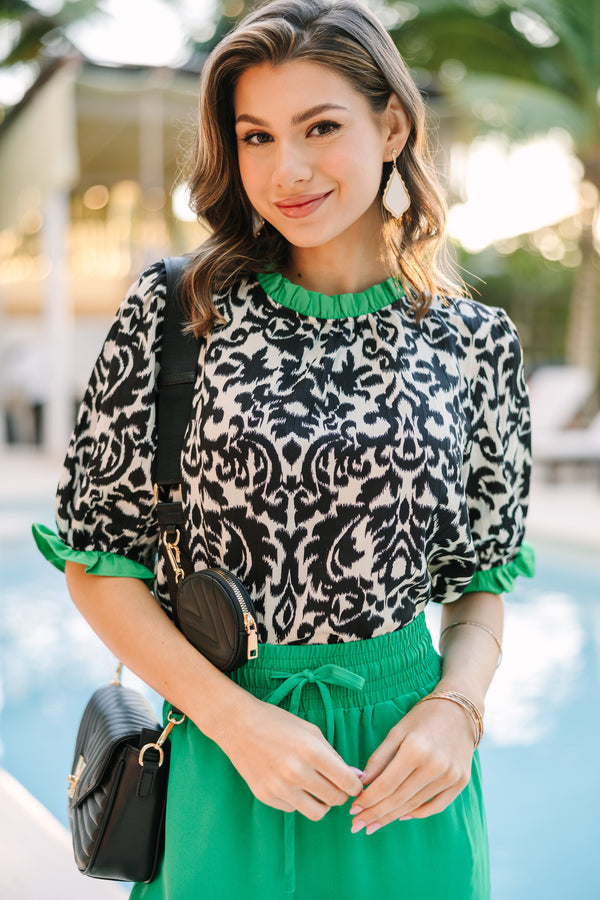 All In Black & Green Damask Ruffled Blouse – Shop the Mint