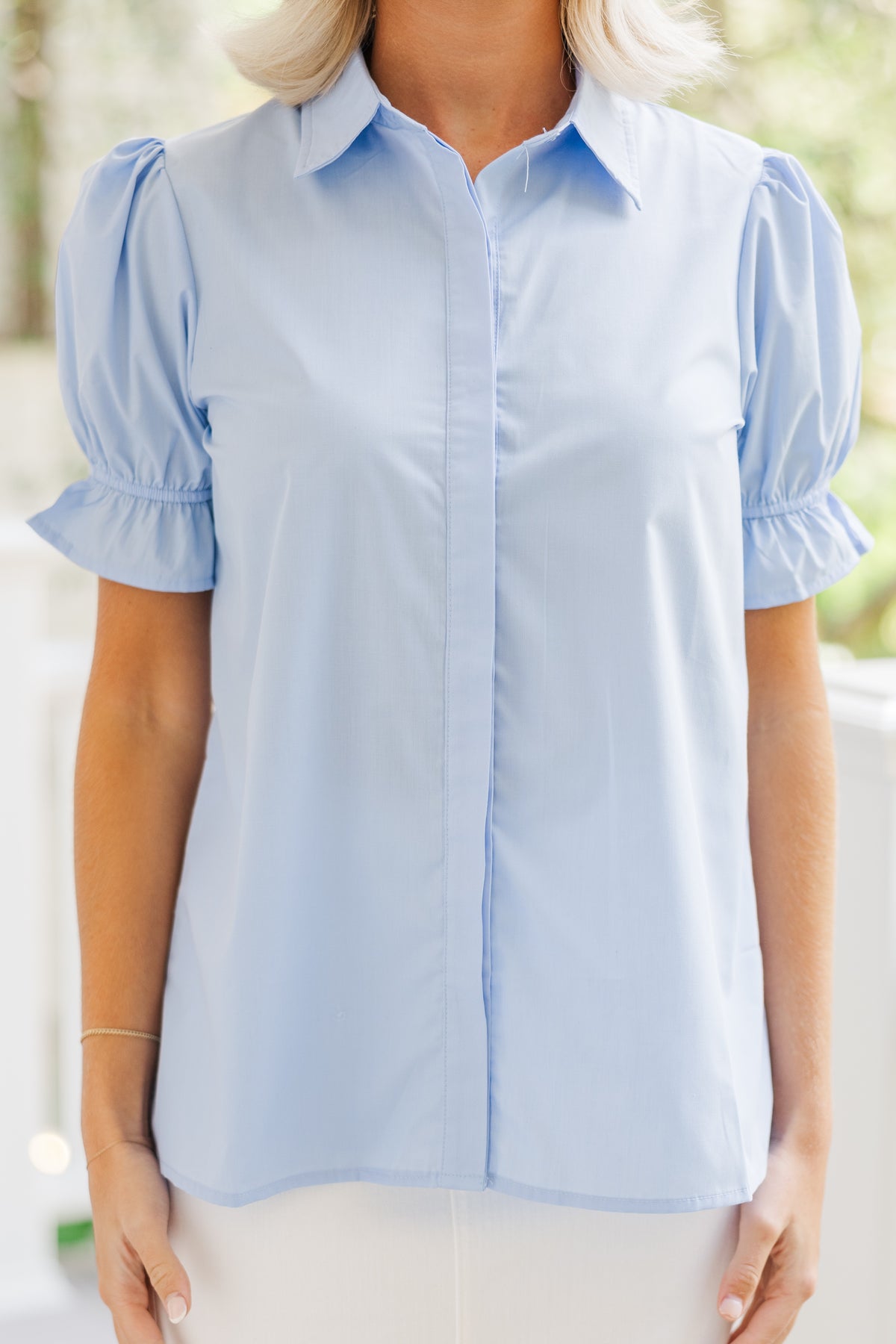 Take It All Light Blue Ruffled Blouse – Shop the Mint