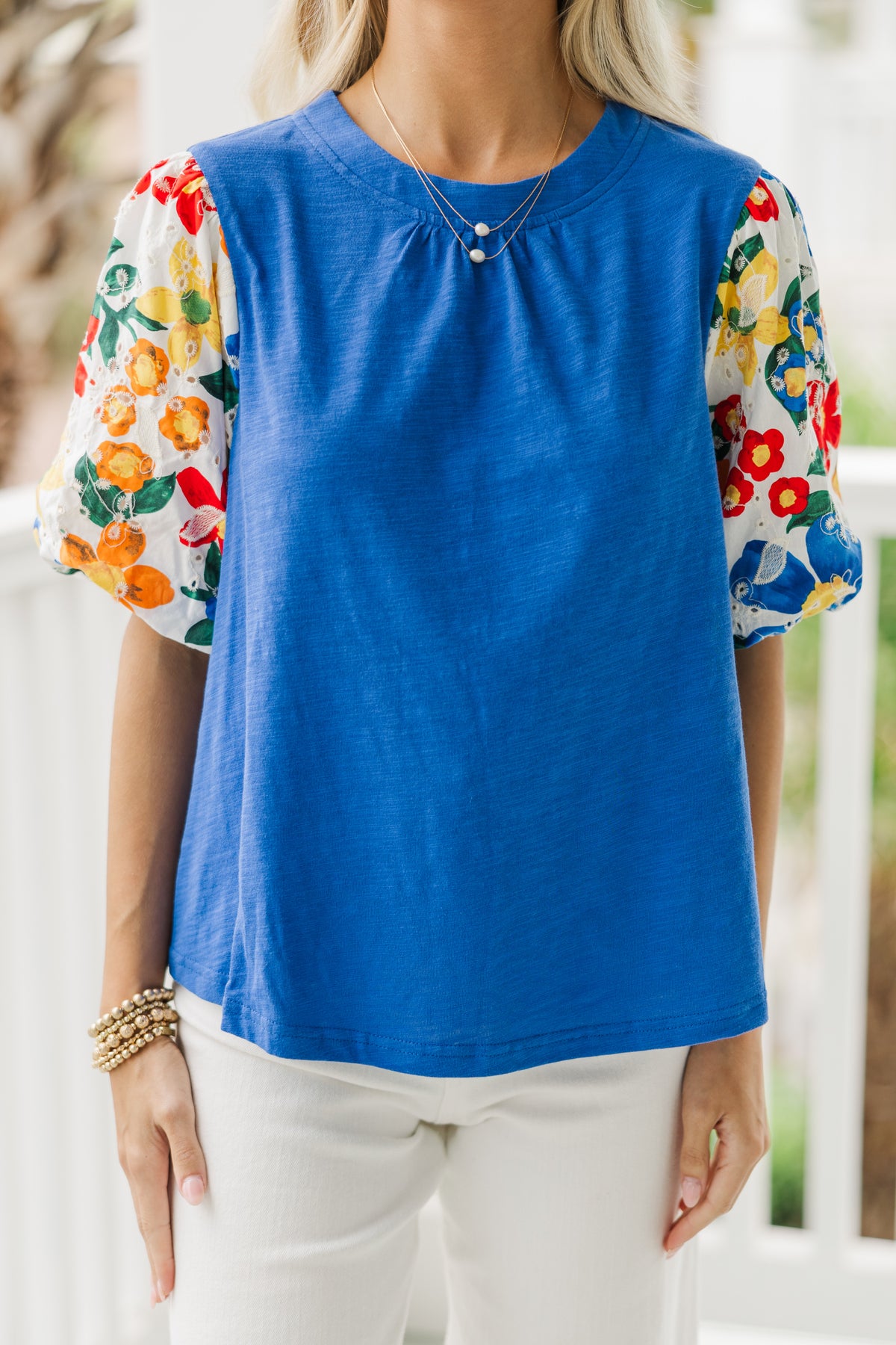 Show Your True Colors Blue Eyelet Sleeve Blouse – Shop the Mint