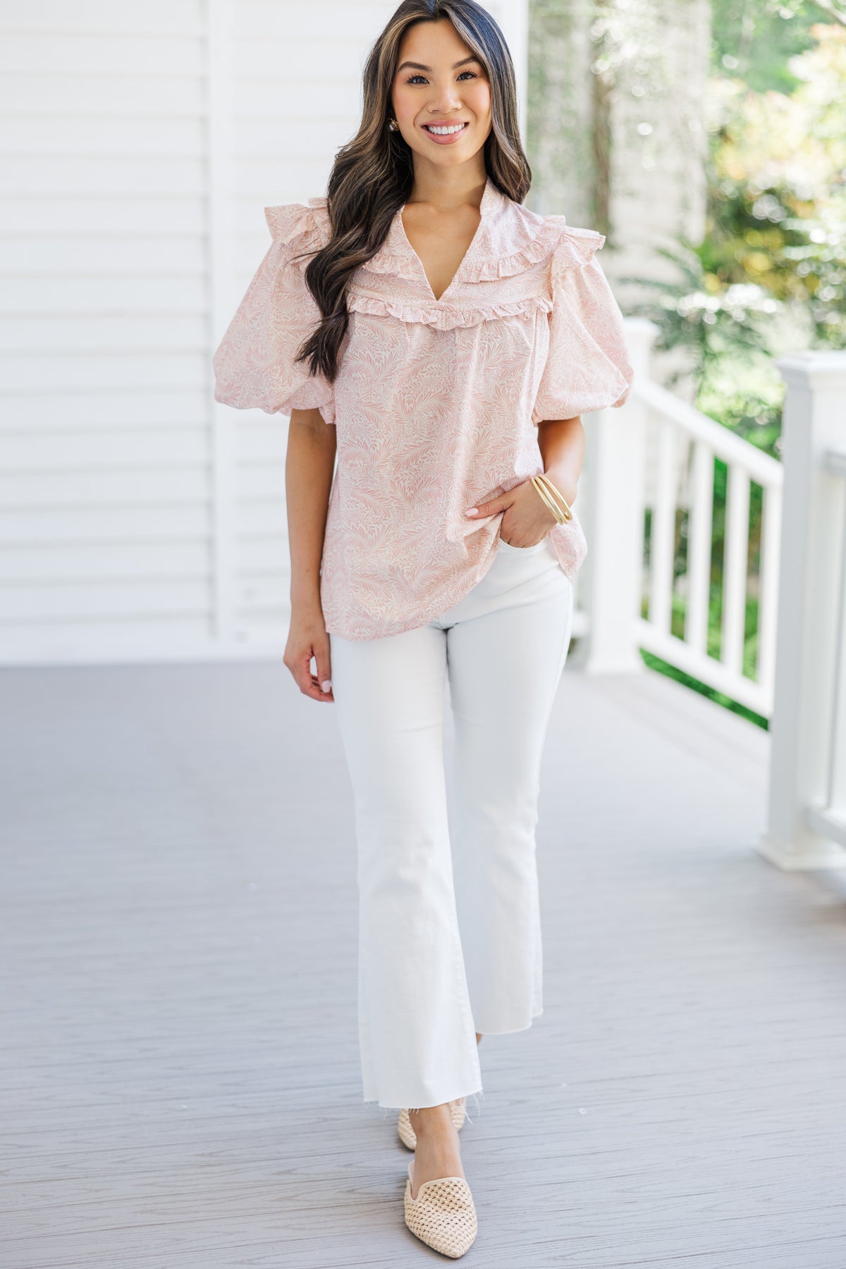 In Your Company Blush Pink Leaf Print Blouse – Shop the Mint