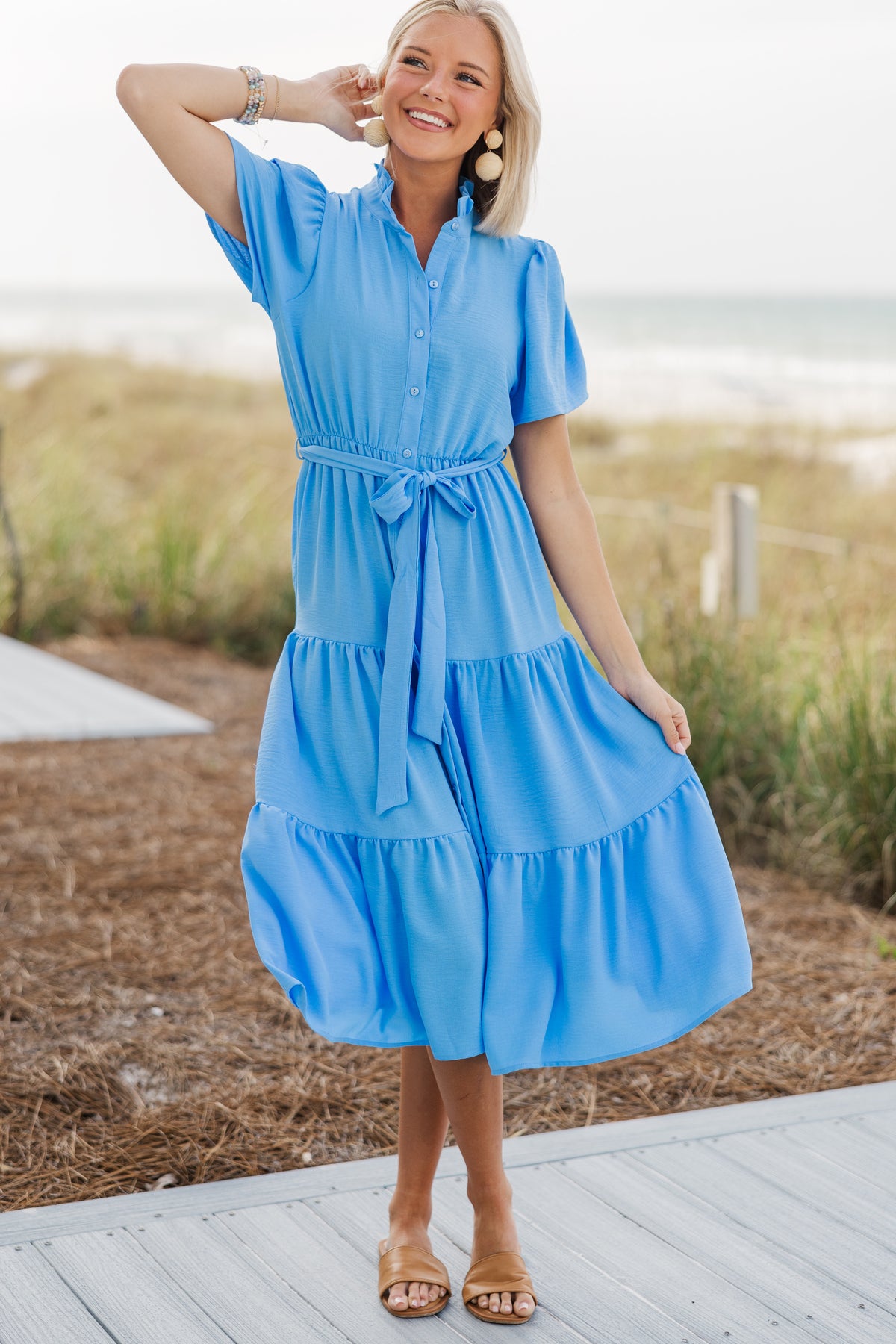 Tell It All Dusty Blue Button Down Midi Dress – Shop the Mint