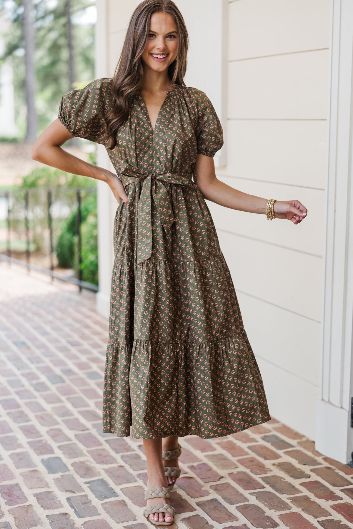 Pinch: Make Your Day Dark Olive Printed Midi Dress – Shop the Mint