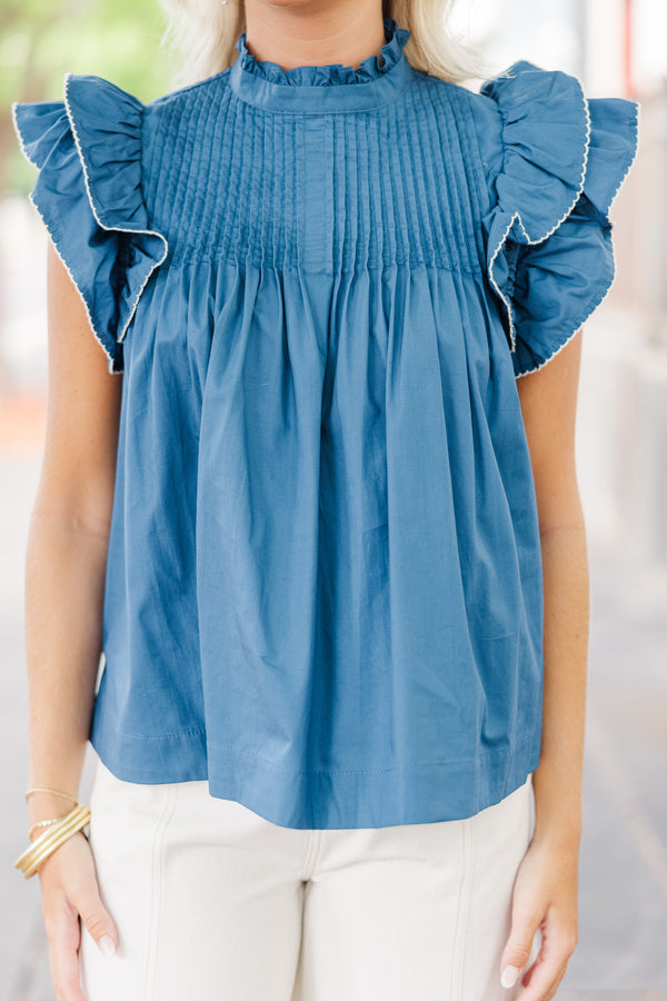 Here For The Happy Navy Blue Ruffled Blouse – Shop the Mint