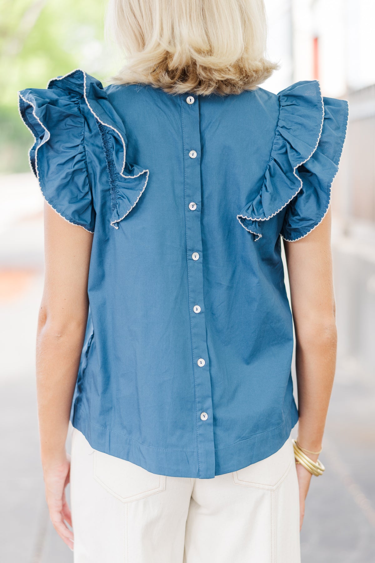Here For The Happy Navy Blue Ruffled Blouse – Shop the Mint